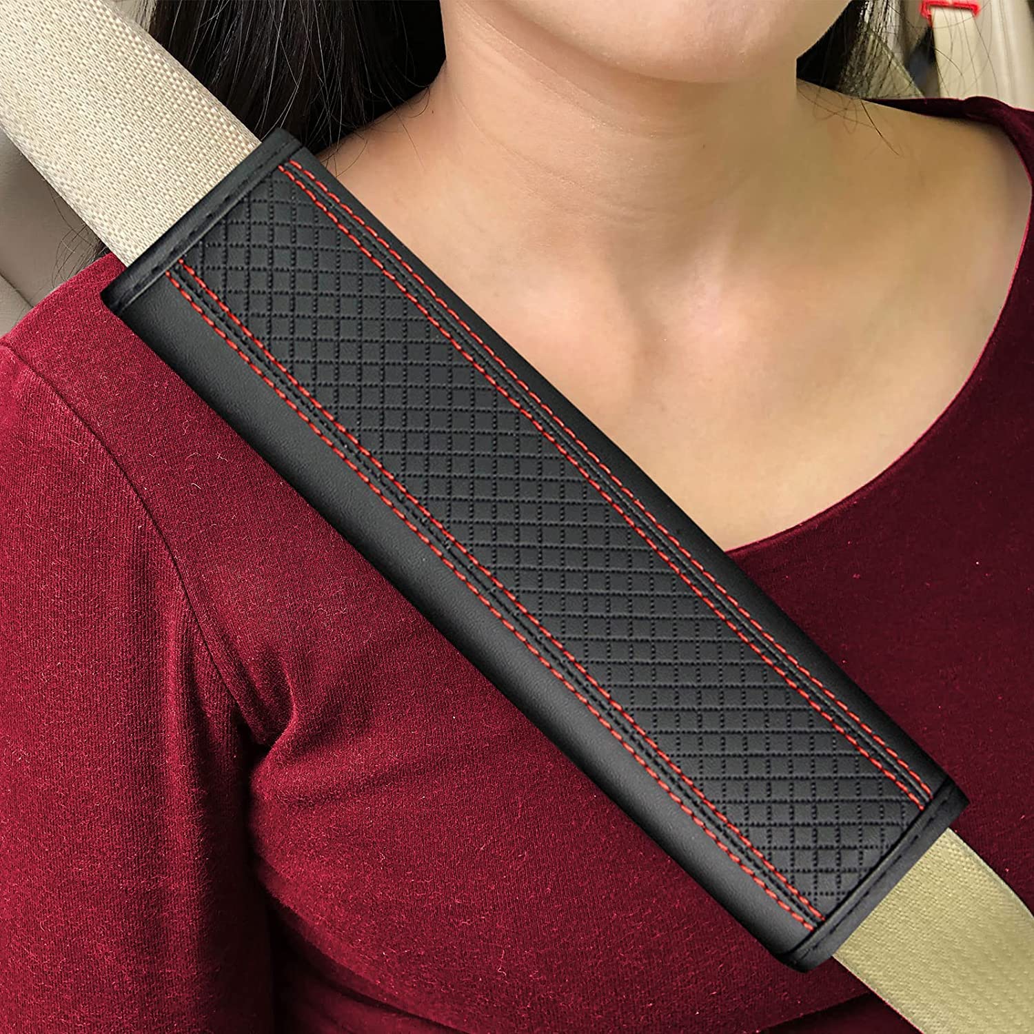 BROGBUS Car Seat Belt Shoulder Pad Cover Car Safety Belt Pad (Black Red ...
