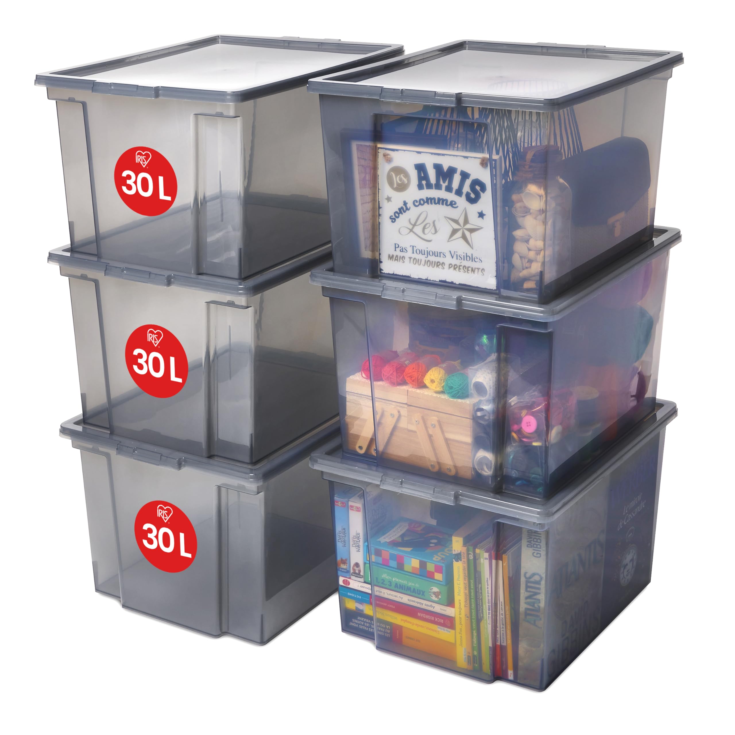 Iris Ohyama Versatile Storage Boxes, 30L, Set of 6, Grey, Easy Latch ...