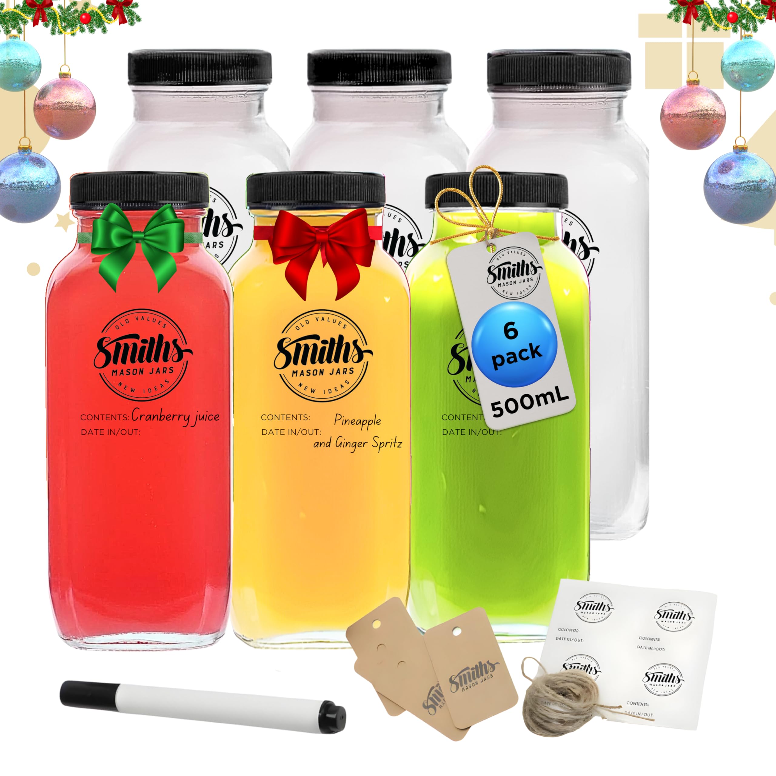 Smiths Mason Jars - Pack of 6, 500ml Glass Bottles with Lids - Leak ...