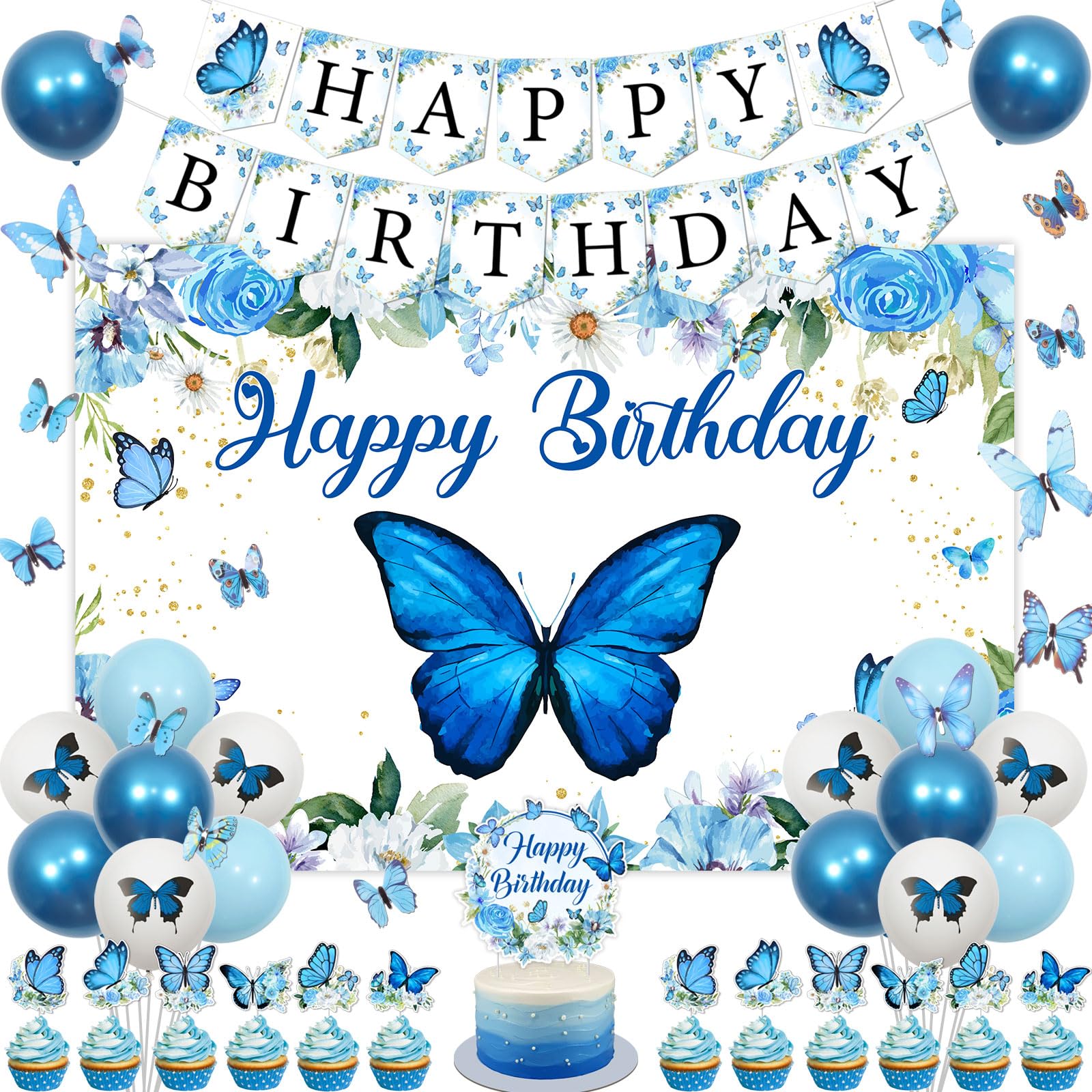 Amazon.com: Blue Butterfly Birthday Party Decorations for Girls ...