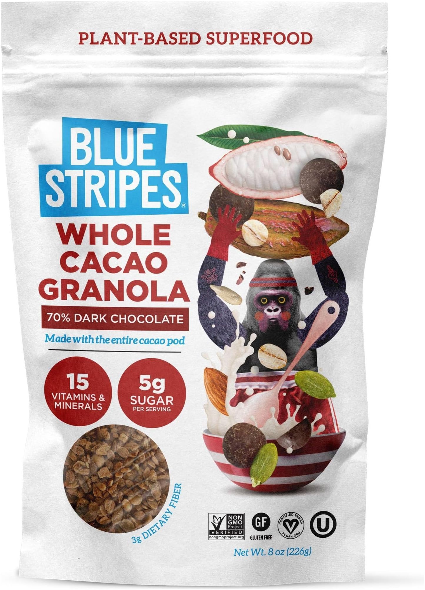 Amazon.com: Blue Stripes Peanut Butter Banana Whole Cacao Granola, 8 OZ