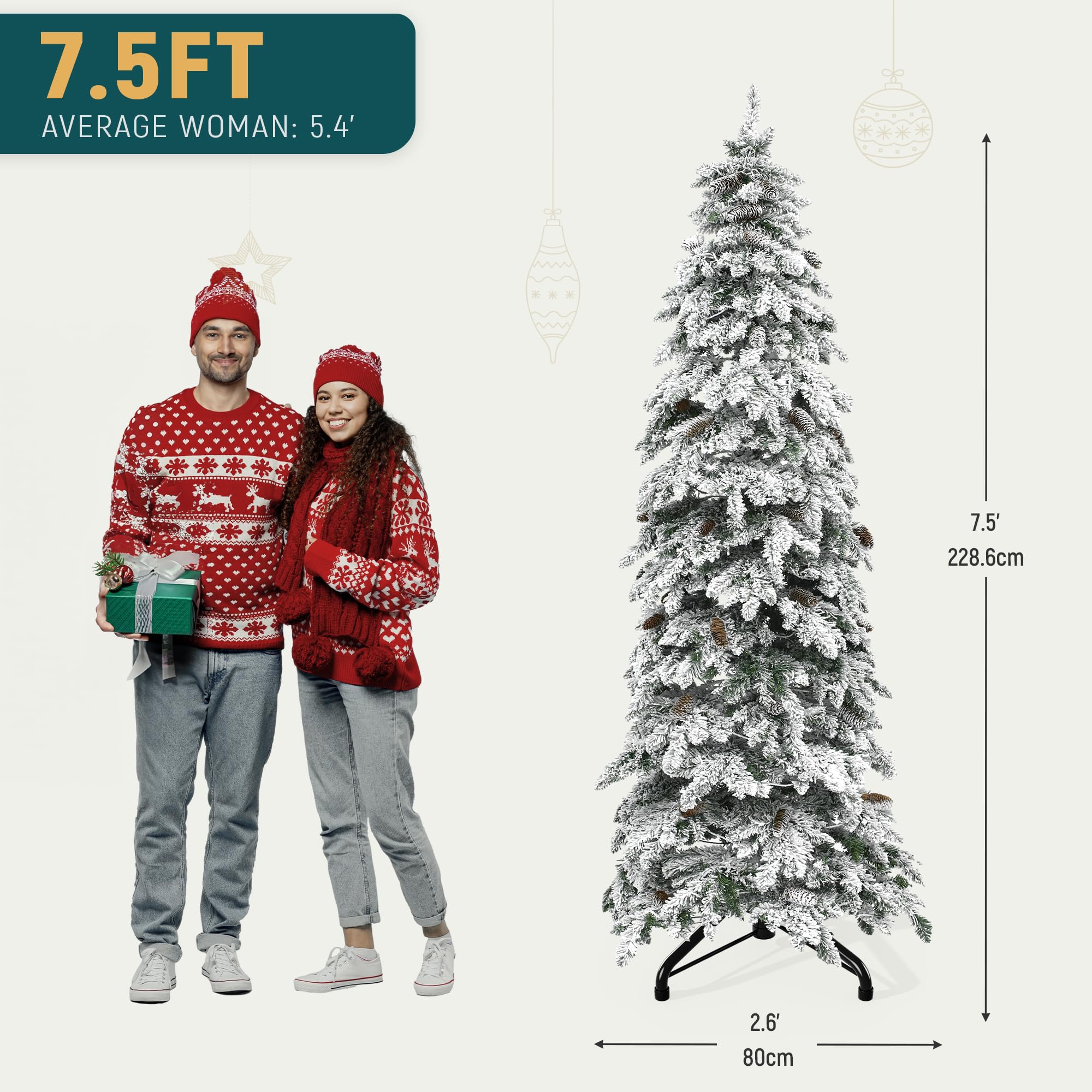 YITAHOME Pre-Lit Flocked Drooping Pencil Spruce Artificial Christmas ...