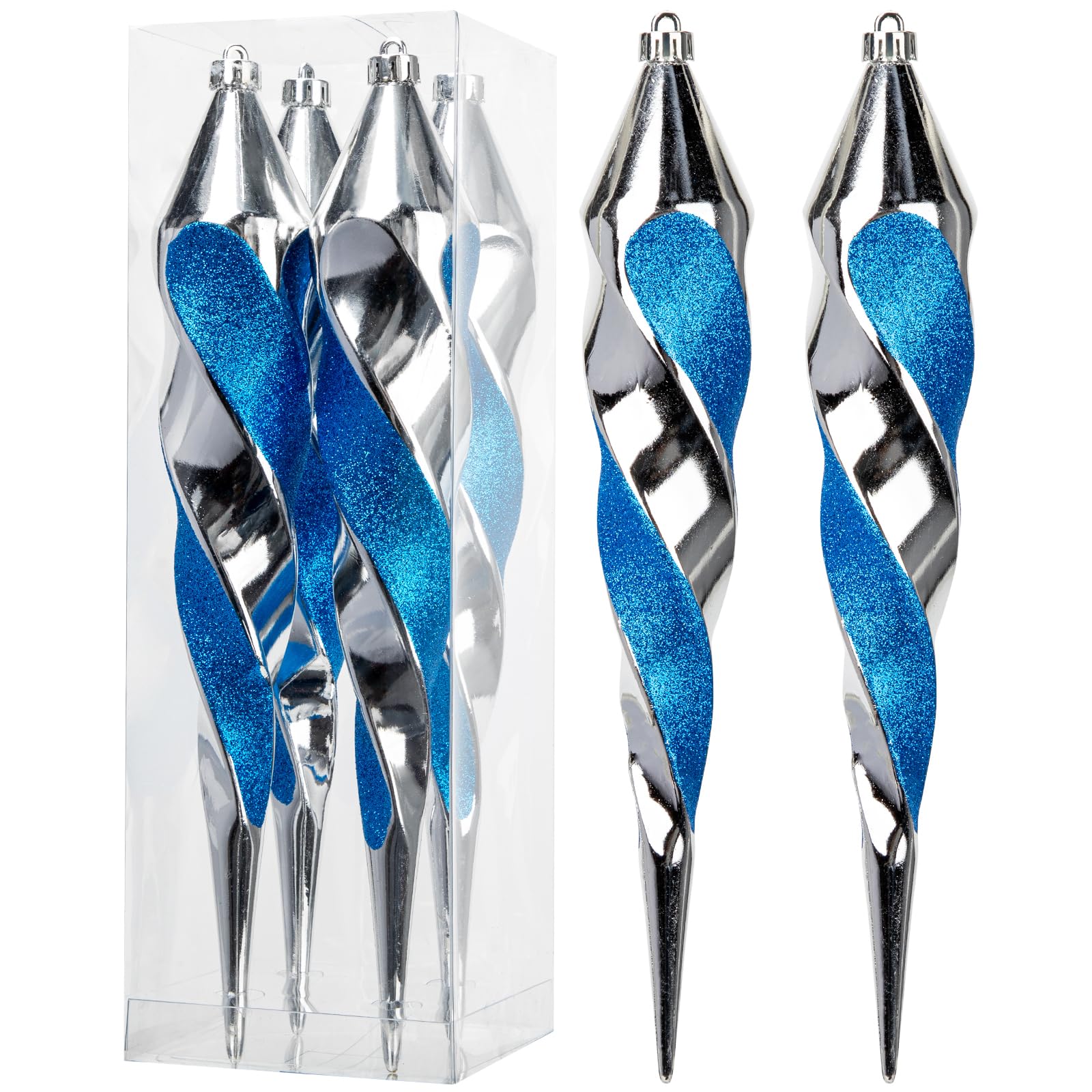 Hollyone 4PCS Swirl Icicle Christmas Baubles, 12''/30cm Blue and Silver ...