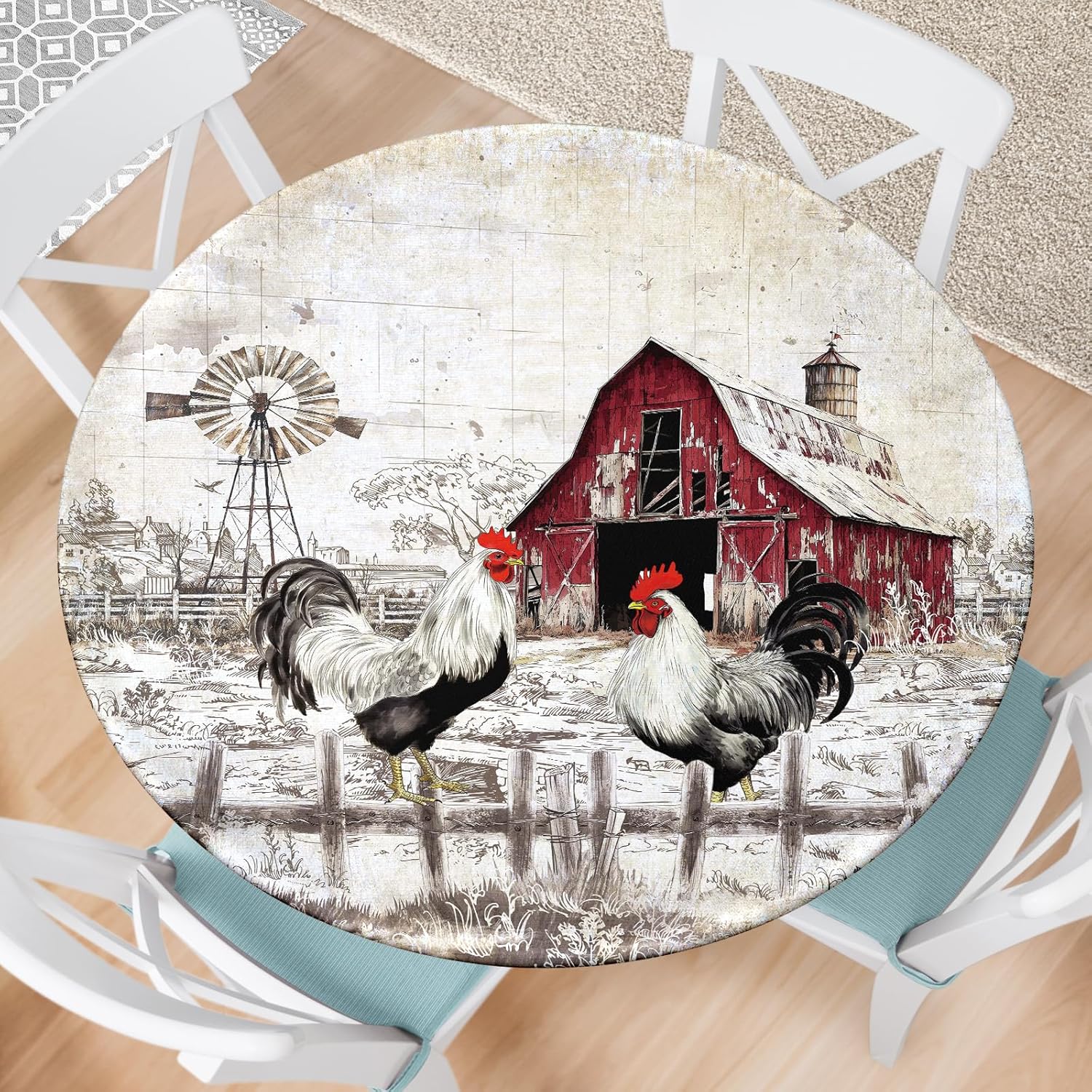 Amazon.com: Kamoor Round Fitted Tablecloth with Elastic Edge Farmhouse ...