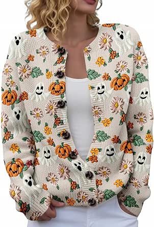 Amazon.com: Halloween Sweaters for Women Cute Pumpkin Cardigan Long ...