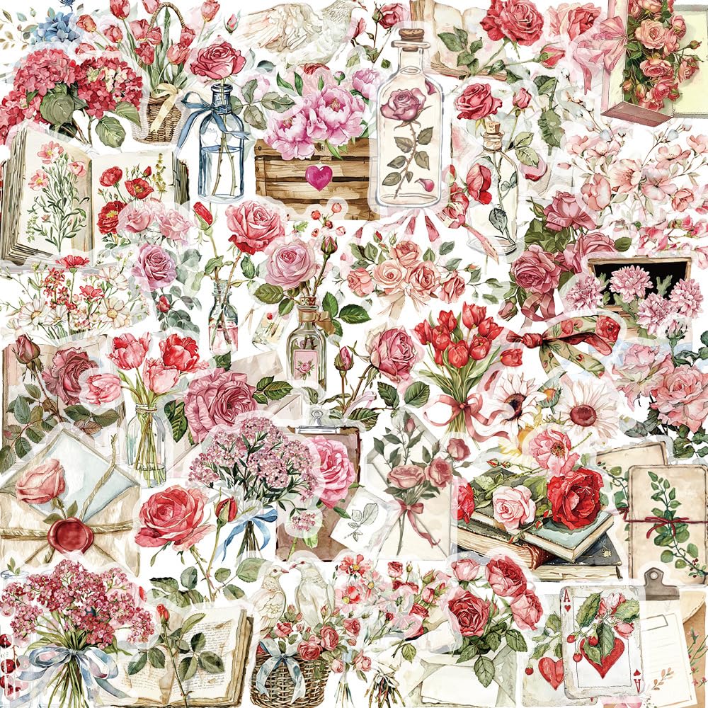 Amazon.com: Vintage Rose Flower Scrapbooking Stickers - 50 Pieces ...