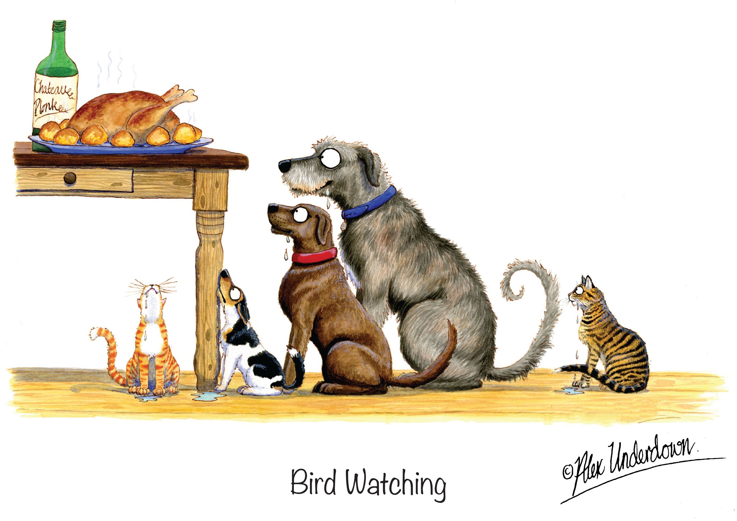 "Bird Watching" Funny Dog and Cat Greeting Card by Alex Underdown ...
