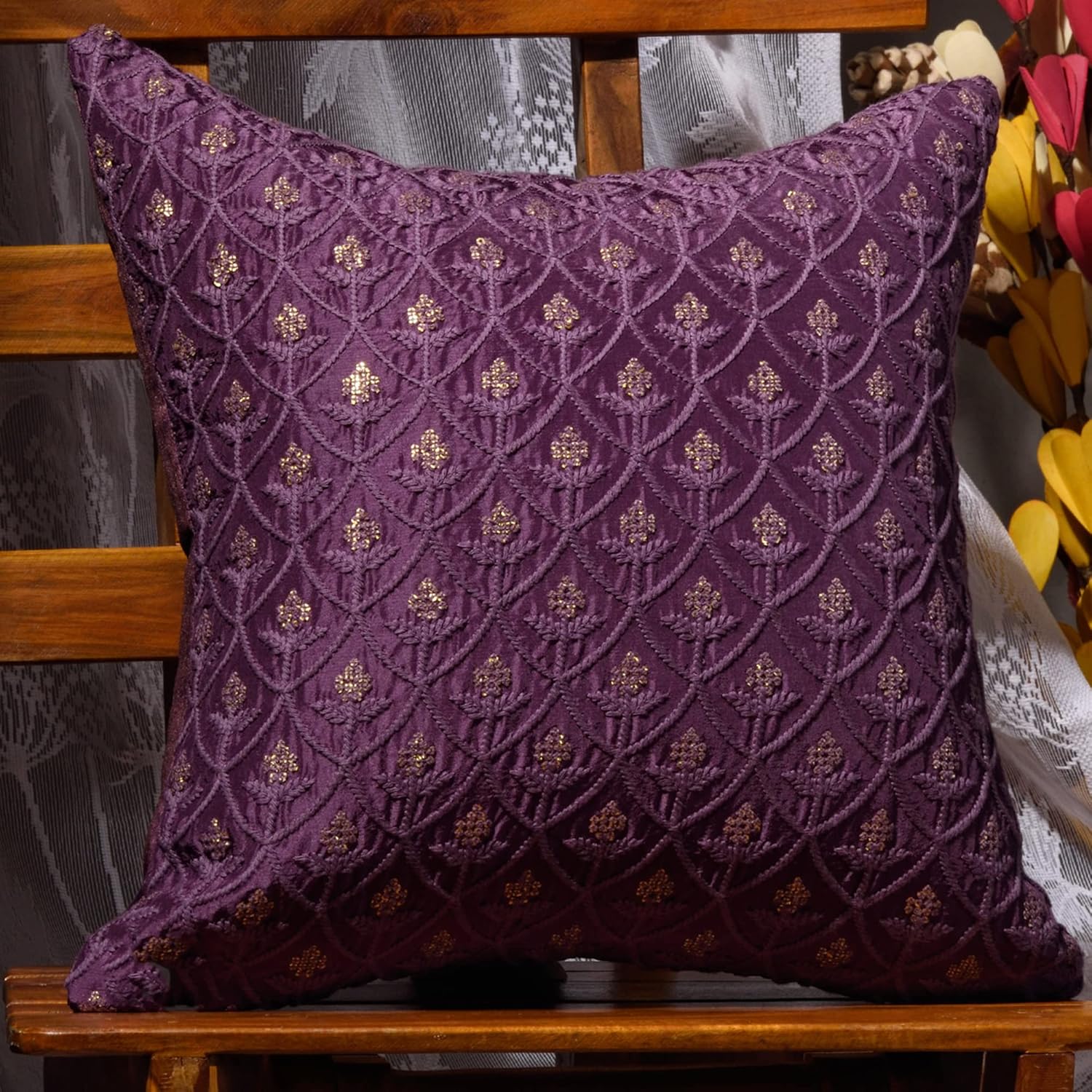 Amazon.com: SCARLETT LINENS Purple Embroidered Pillow Cover, Decorative ...