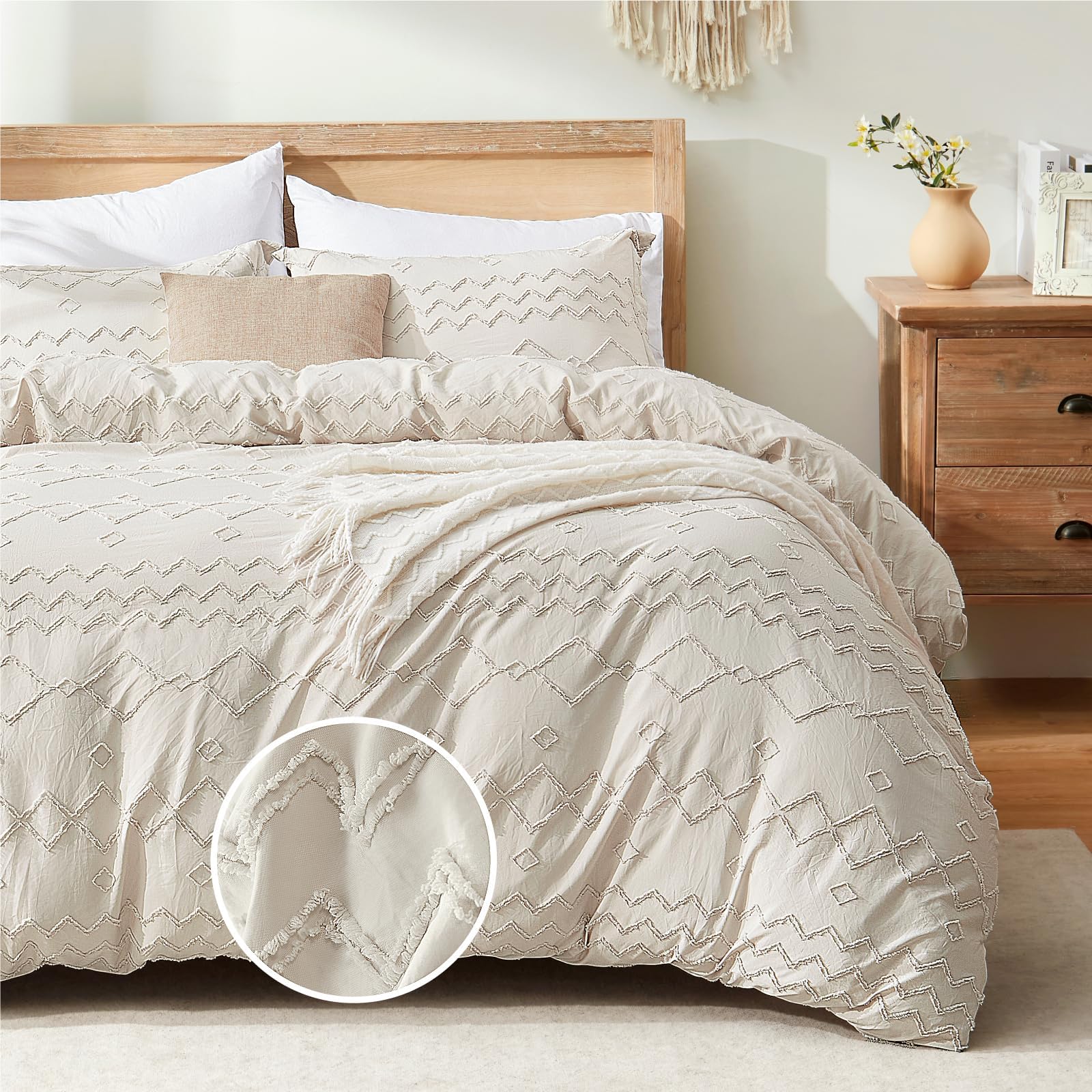 Amazon.com: Nanko Beige California King Duvet Cover, 3pc Boho Tufted ...