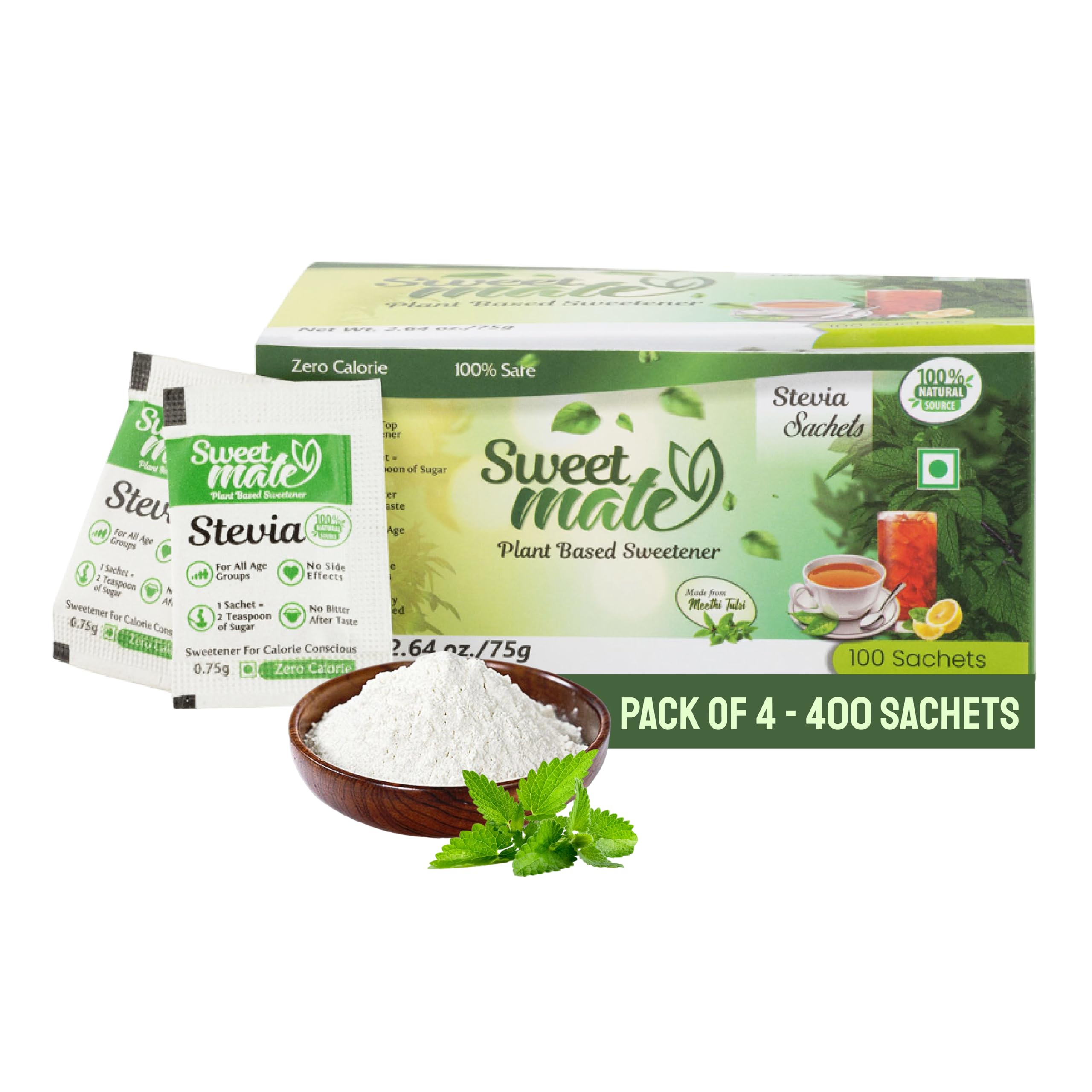 Sweetmate Stevia Sachets (100 Sachet x Pack 4) - 400 Servings | 100% ...