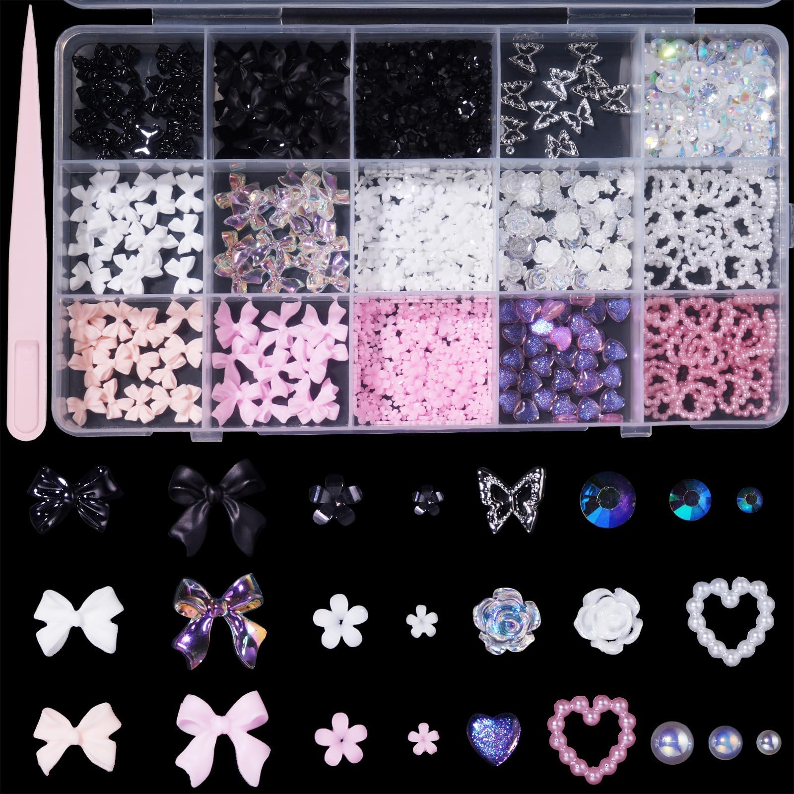 Amazon.com: 3D Assorted Pink White Black Bows Acrylic Nail Charms, Mix ...