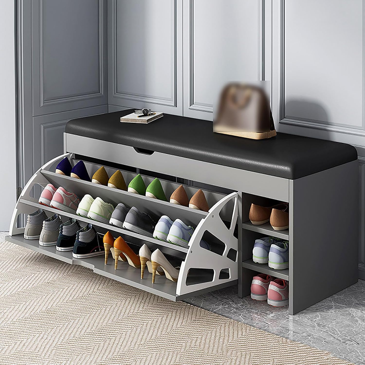Entryway Shoe Bench,Free Standing Shoe Rack Bench with Leather Cushion ...
