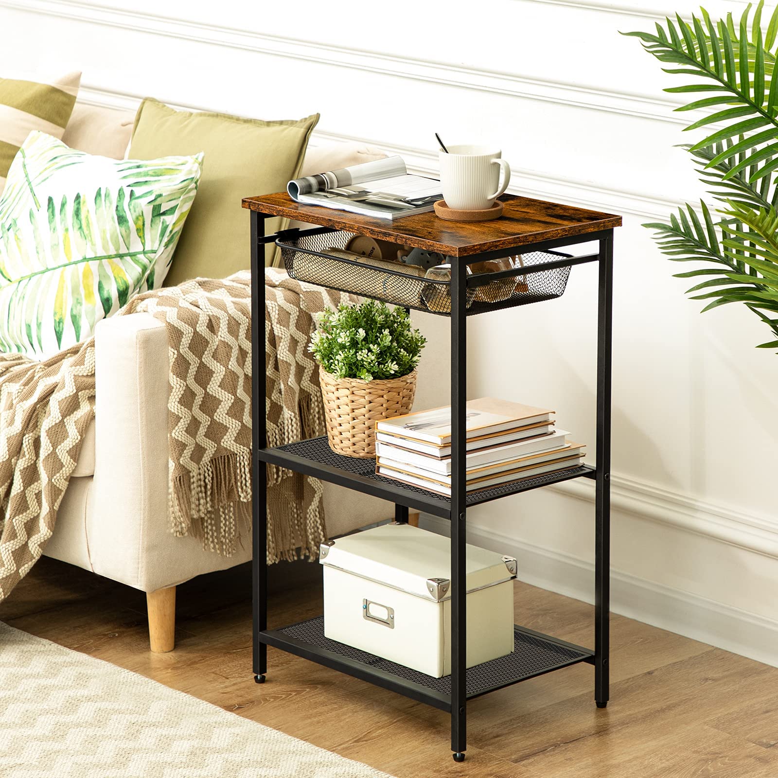HOOBRO Tall Side Table, Industrial End Table with 1 Removable Storage ...