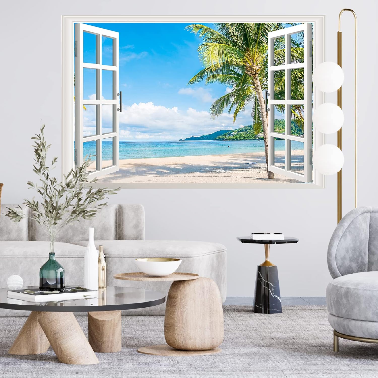 Amazon.com: Beach Palm Stree Fake Window Wall Stickers Seascape Palm ...