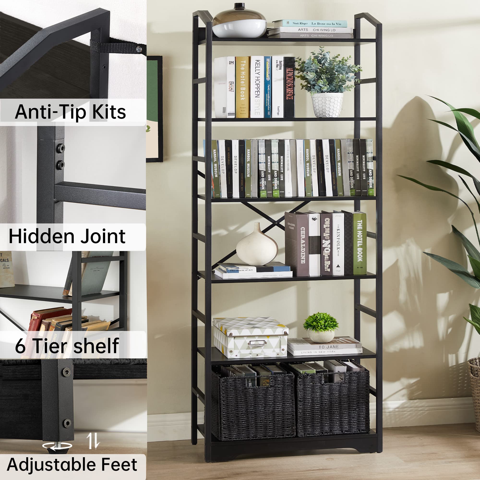 Vagusicc Industrial Display Standing Bookshelf, 6-Tier Tall Bookcase ...