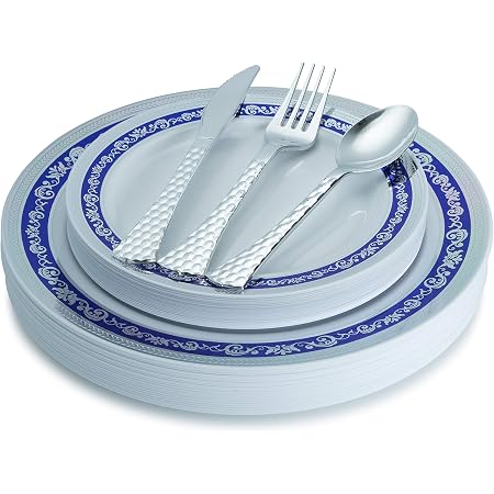 Amazon.com: FOMOICA Royal Blue Plastic Plates and Blue Silver ...