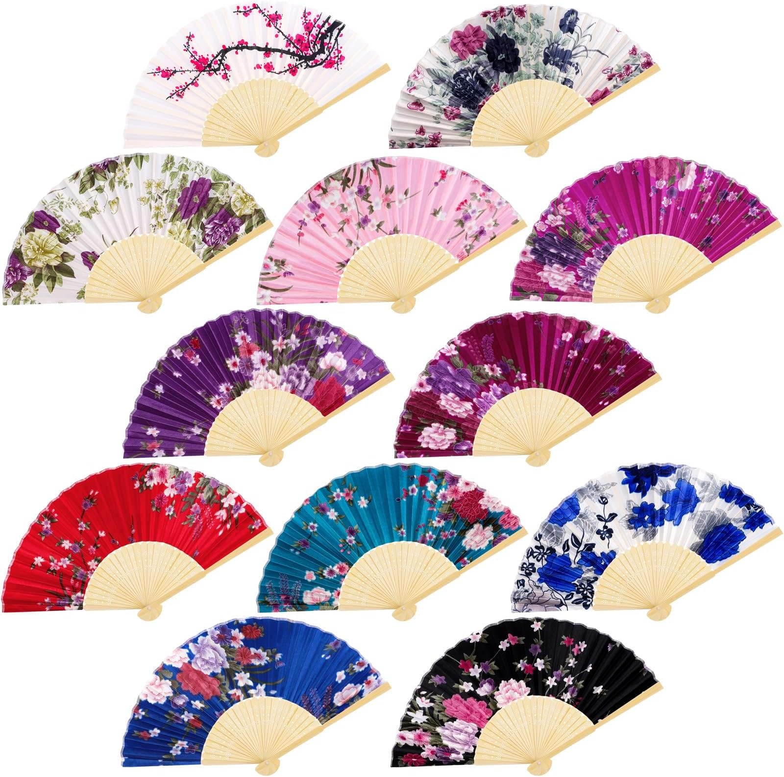 Amazon.com: durony 12 Pieces Floral Folding Fans Silk Bamboo Handheld ...