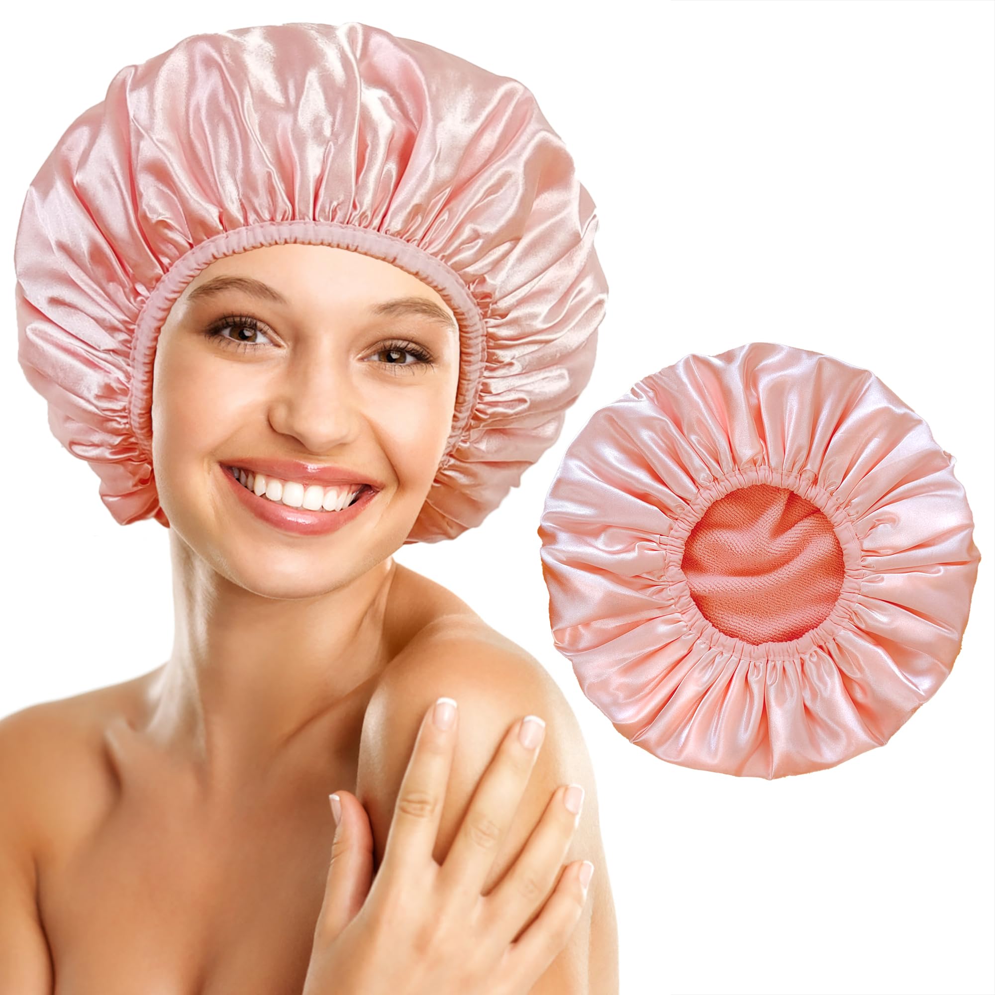 Amazon.com : Shower Cap Reusable Waterproof, Terry Lined Shower Caps ...