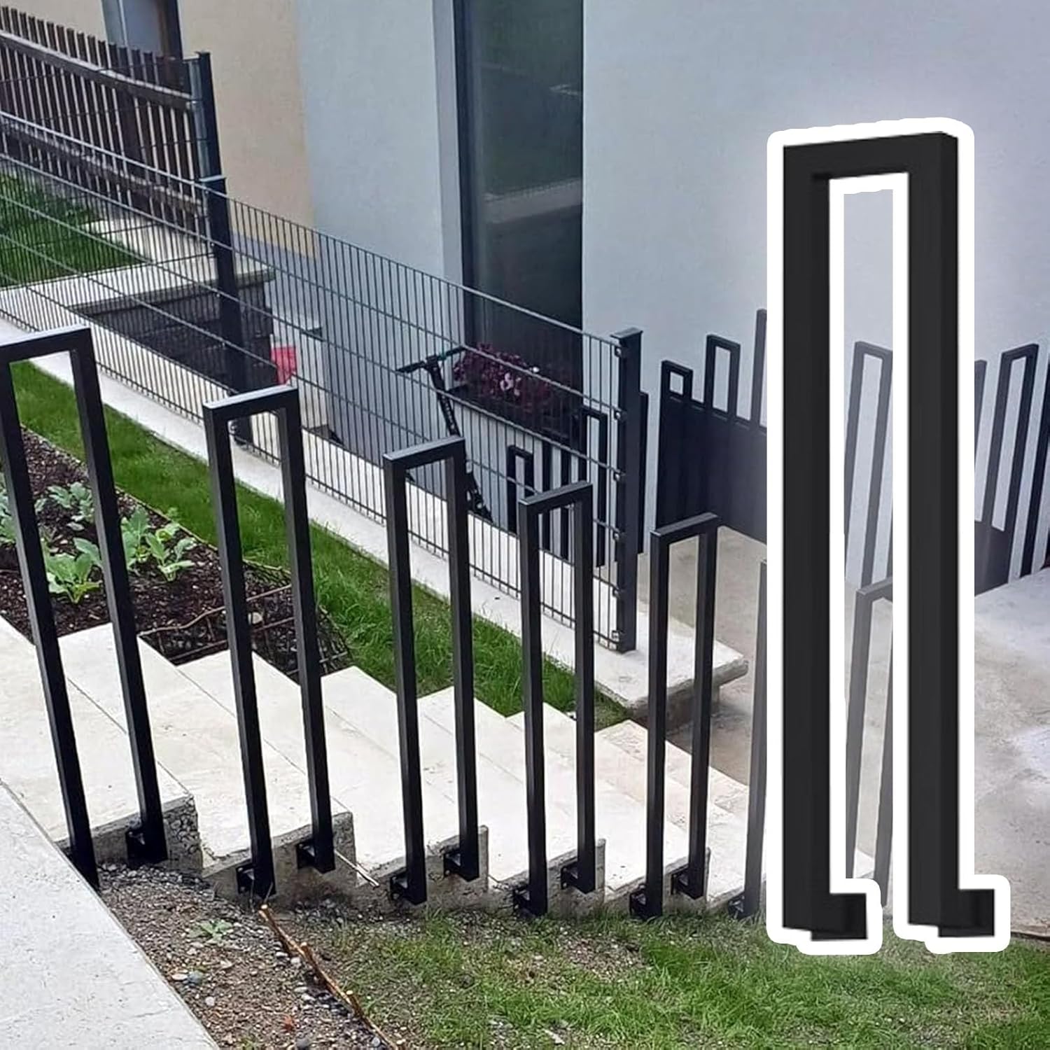 Outdoor Stair Railing Side-Mount U-Shaped Guardrail Black Balusters 60 ...