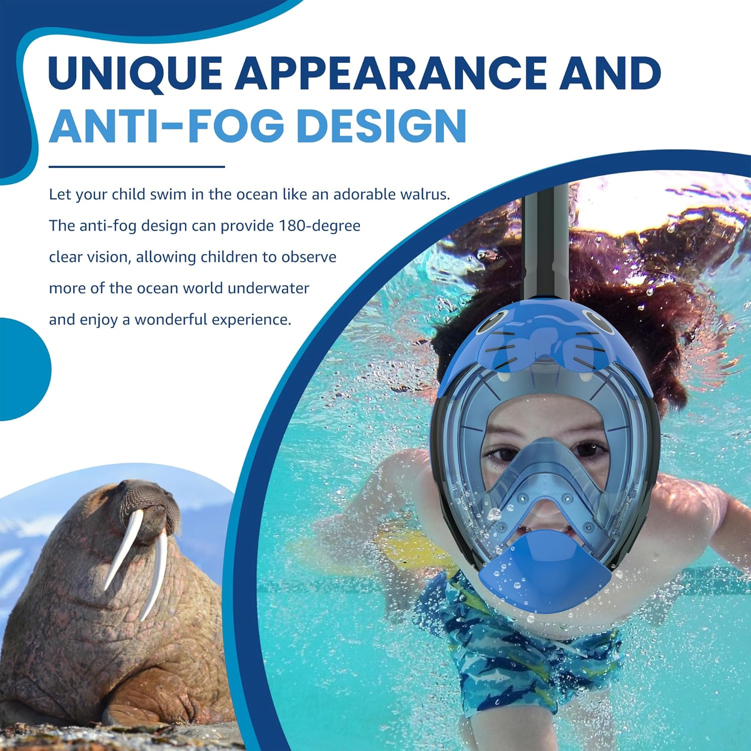 Kids Snorkeling Mask Scuba Goggles Full Face Walrus Anti-Fog Anti-Leak ...