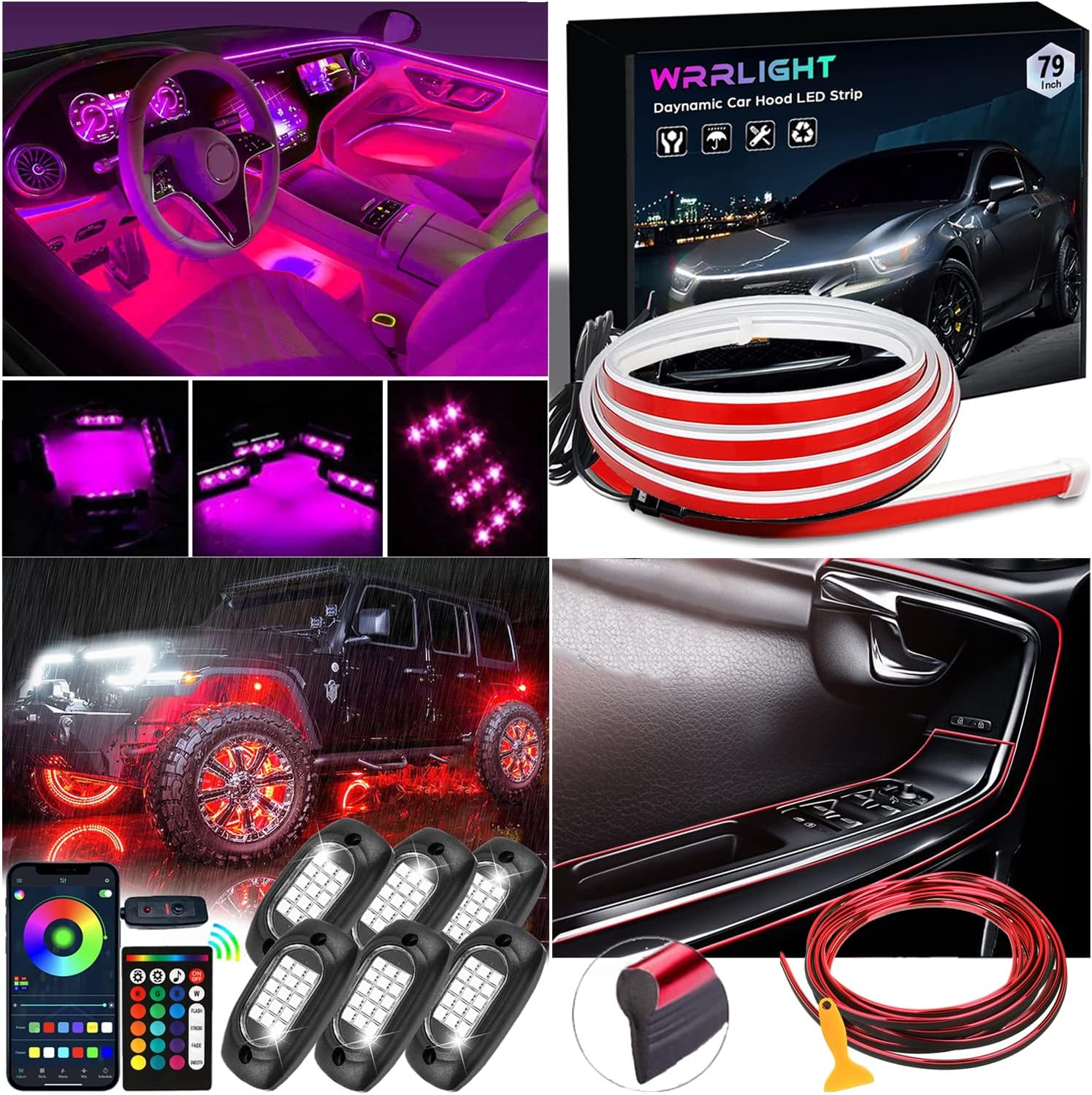 Amazon.com: Car LED Strip Light (Pink) + 79Inch Car Hood Light Strip ...