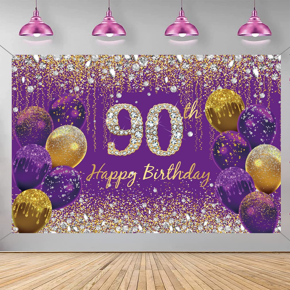 90th Birthday Decorations for Women, Purple Glitter Spots Fabric Sign ...
