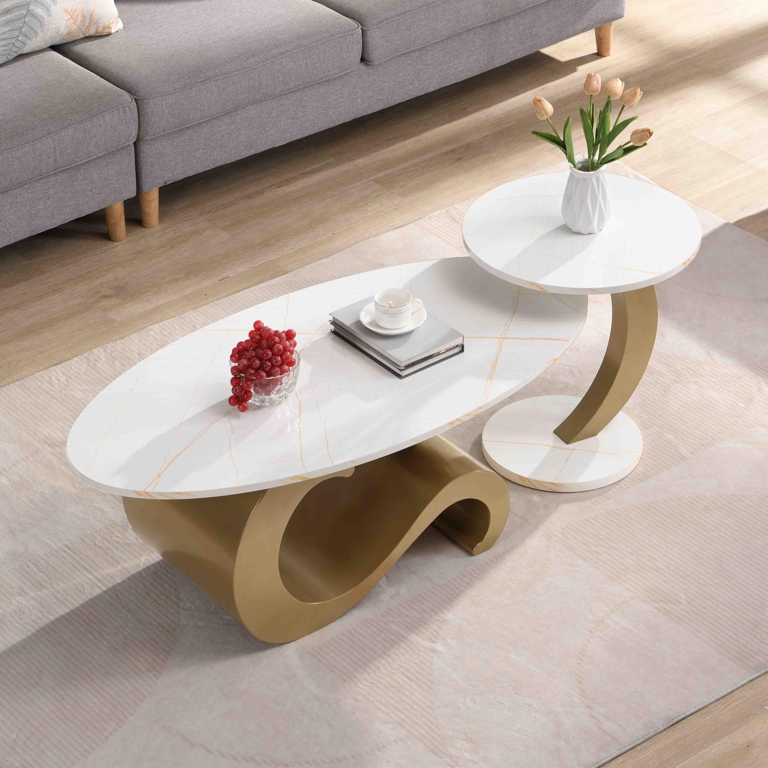Amazon.com: Modern Oval Coffee Table Set of 2, White Nesting Coffee ...
