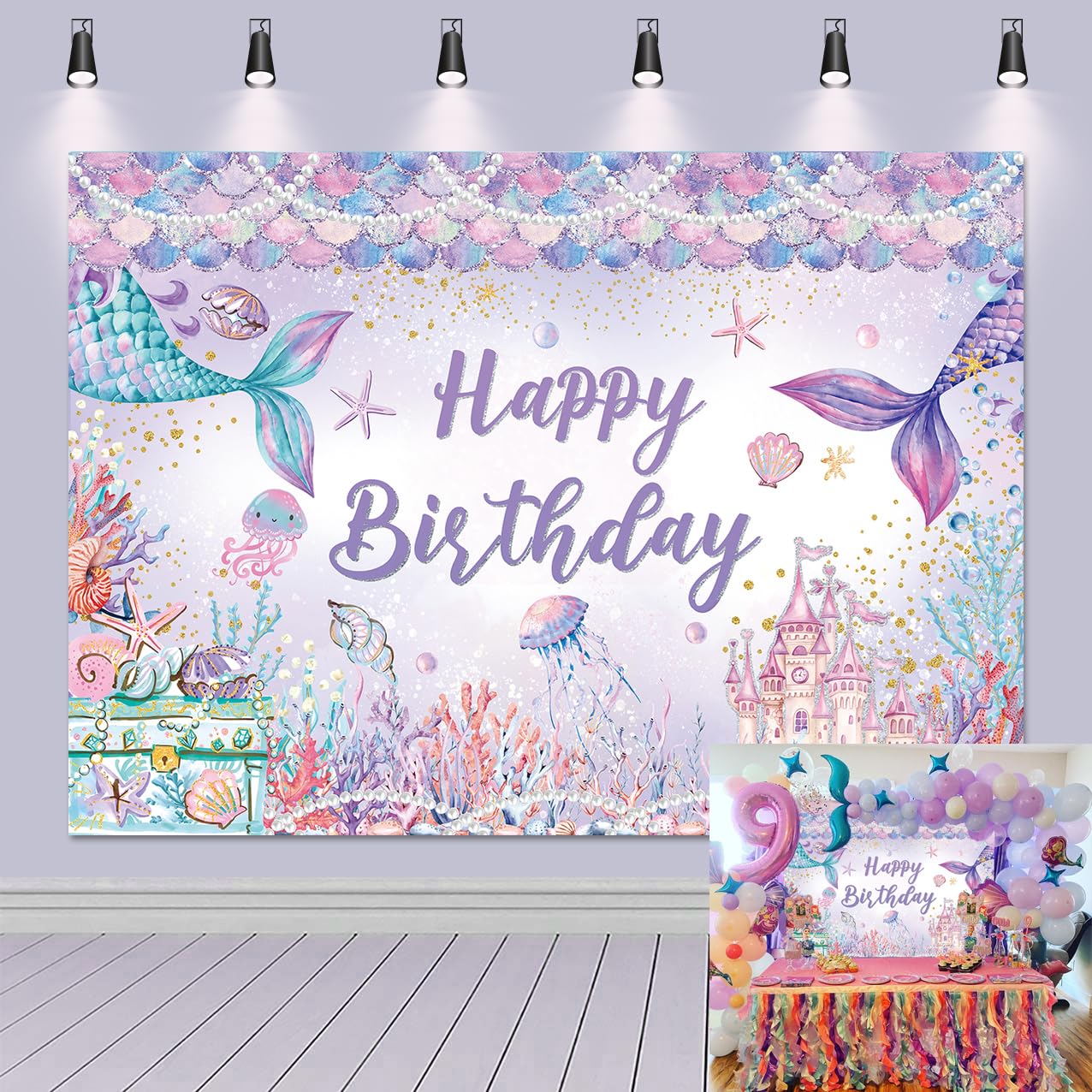 Amazon.com : Mermaid Birthday Backdrop Dreamy Fish Tail Castle Glitter ...