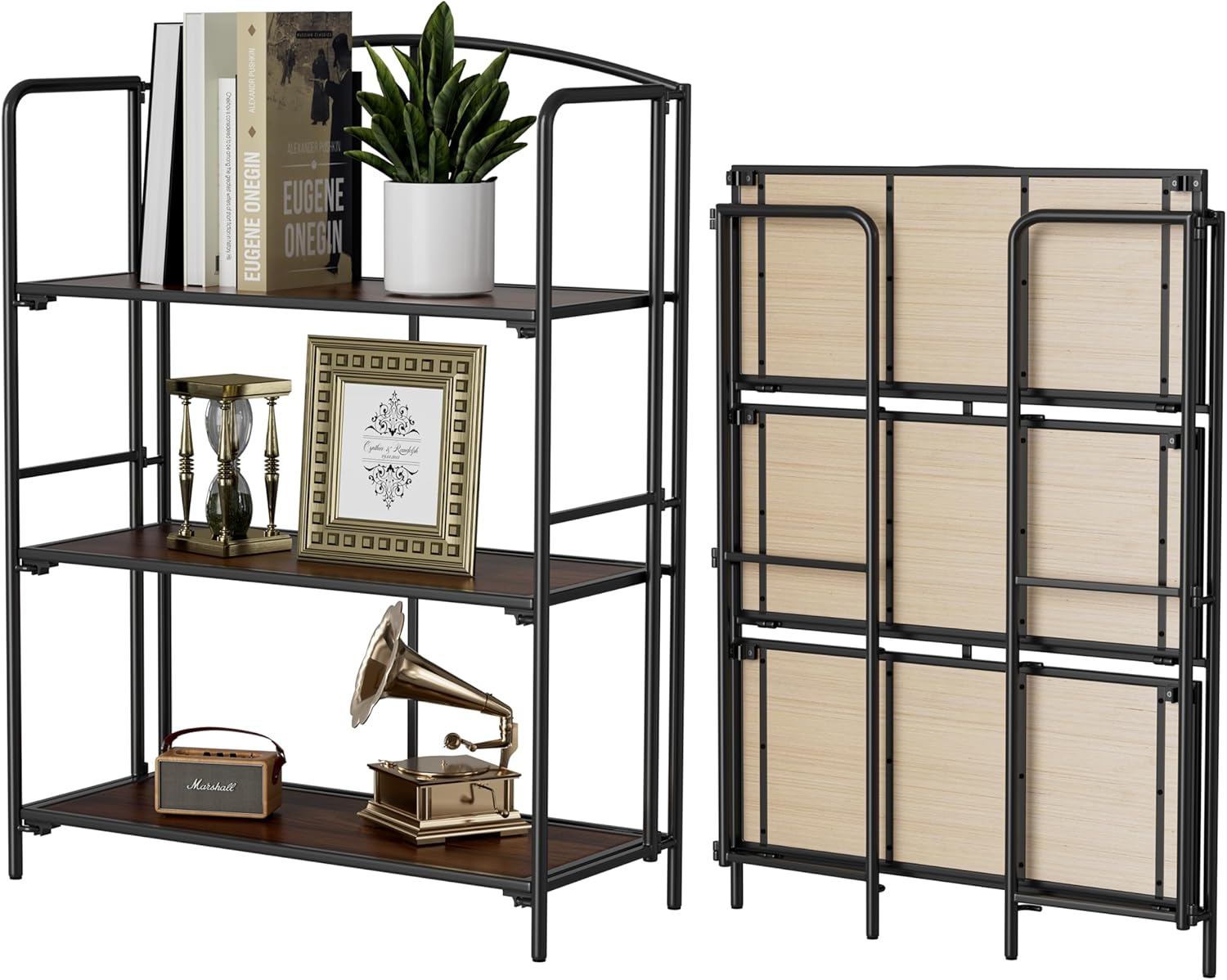 Amazon.com: Crofy No Assembly Folding Bookshelf for Living Room, 3 Tier ...