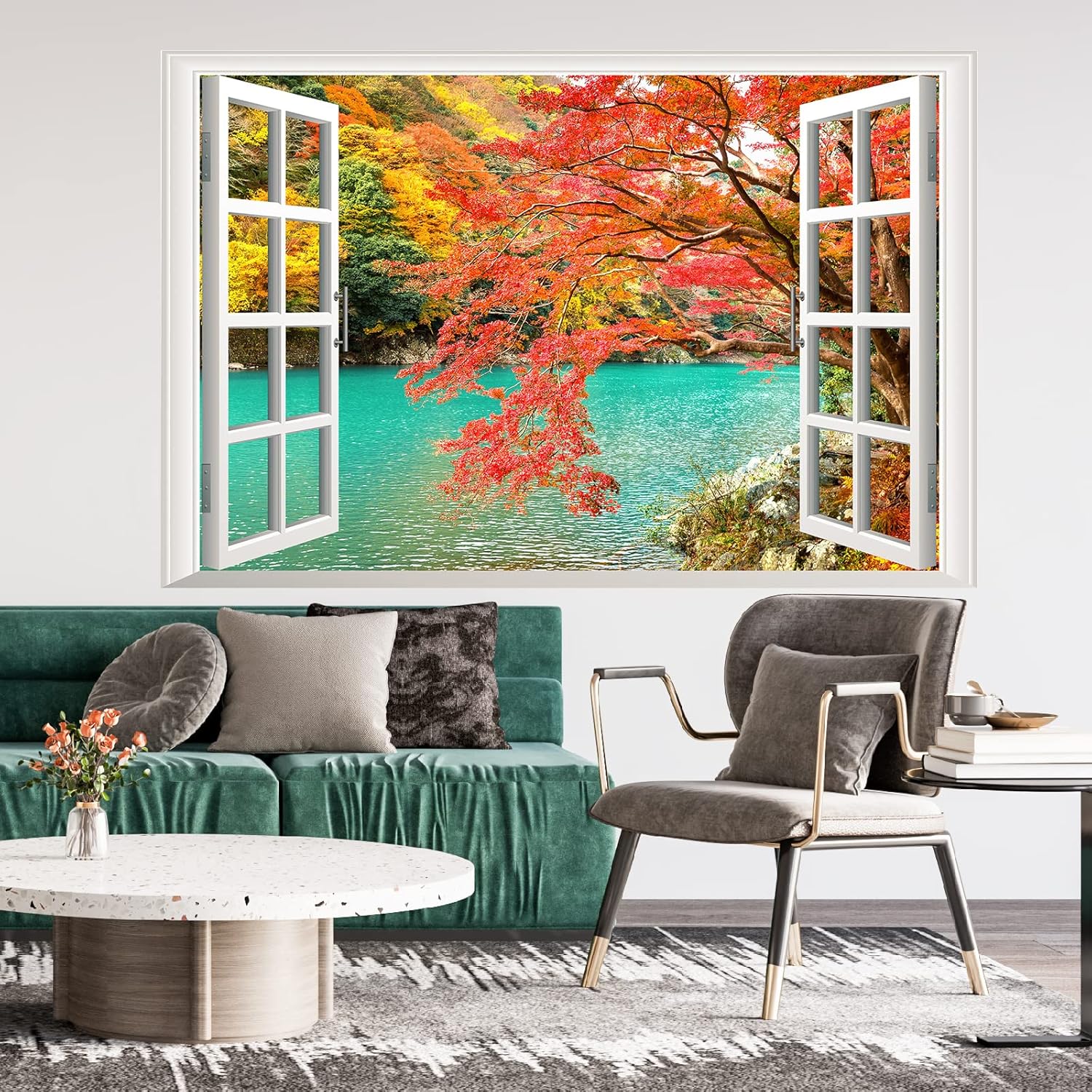Amazon.com: Autumn Nature Landscape Fake Window Wall Stickers Fall Red ...