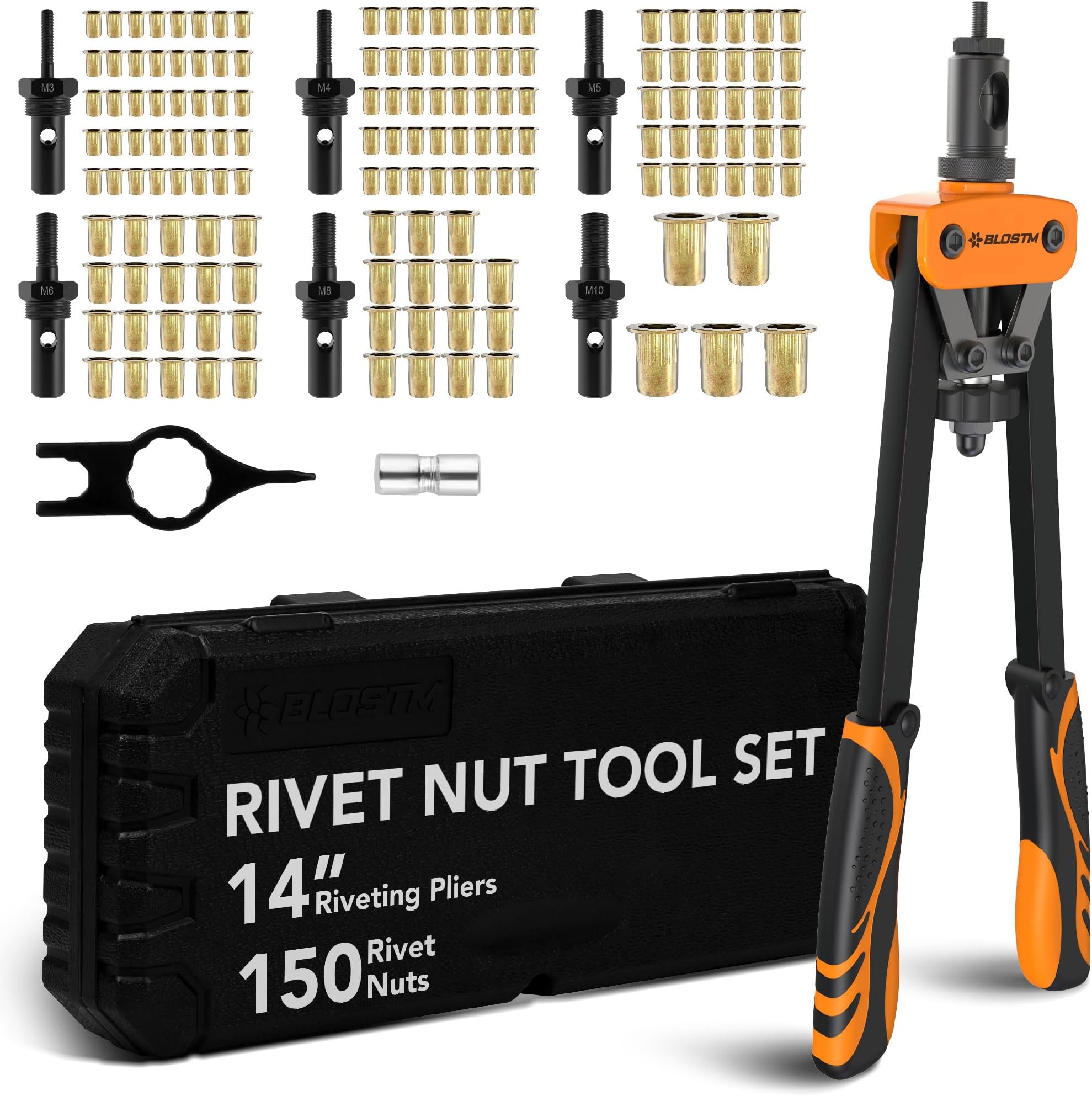 BLOSTM 14" Rivet Gun Set - Rivnut Tool Kit with 150 Rivet Nuts & 6 ...