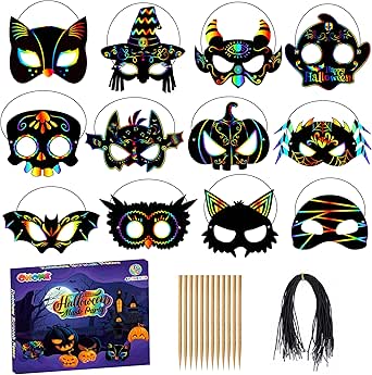 Amazon.com: OHOME Halloween Games - 24 PCS Rainbow Scratch Mask| Kids ...