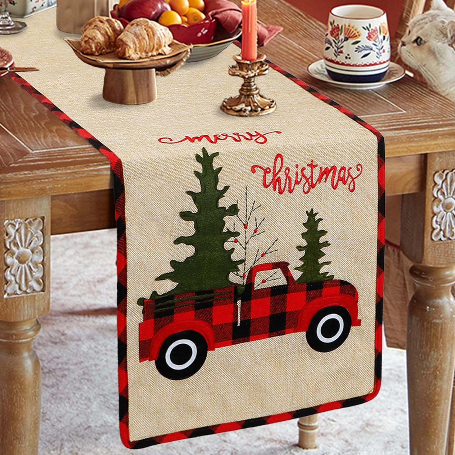 Weldomcor Christmas Table Runner Farmhouse Buffalo Plaid Truck Tree ...