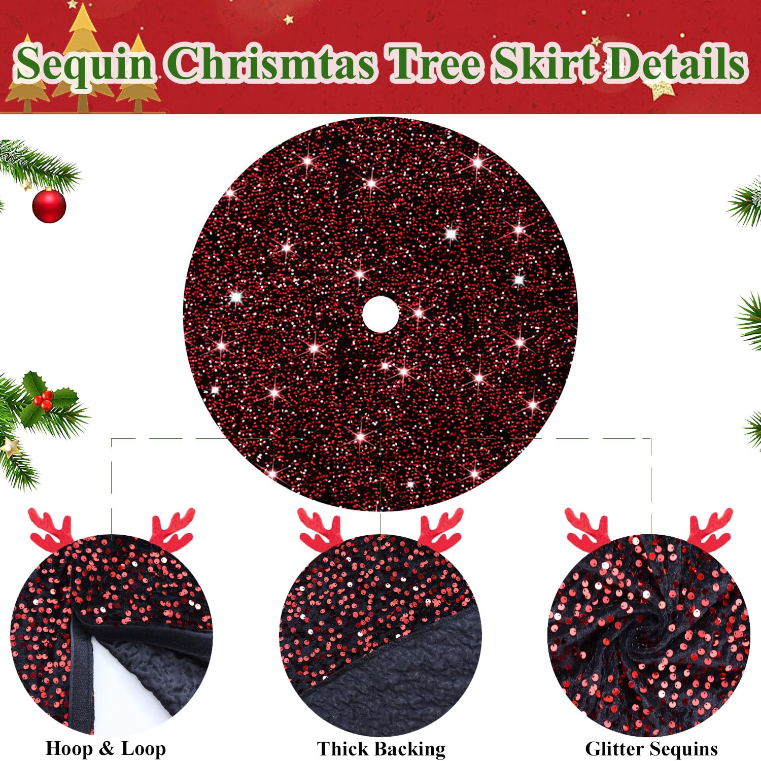 Snapklik.com : Christmas Tree Skirt Red And Black 21 Inch Large Sequin ...