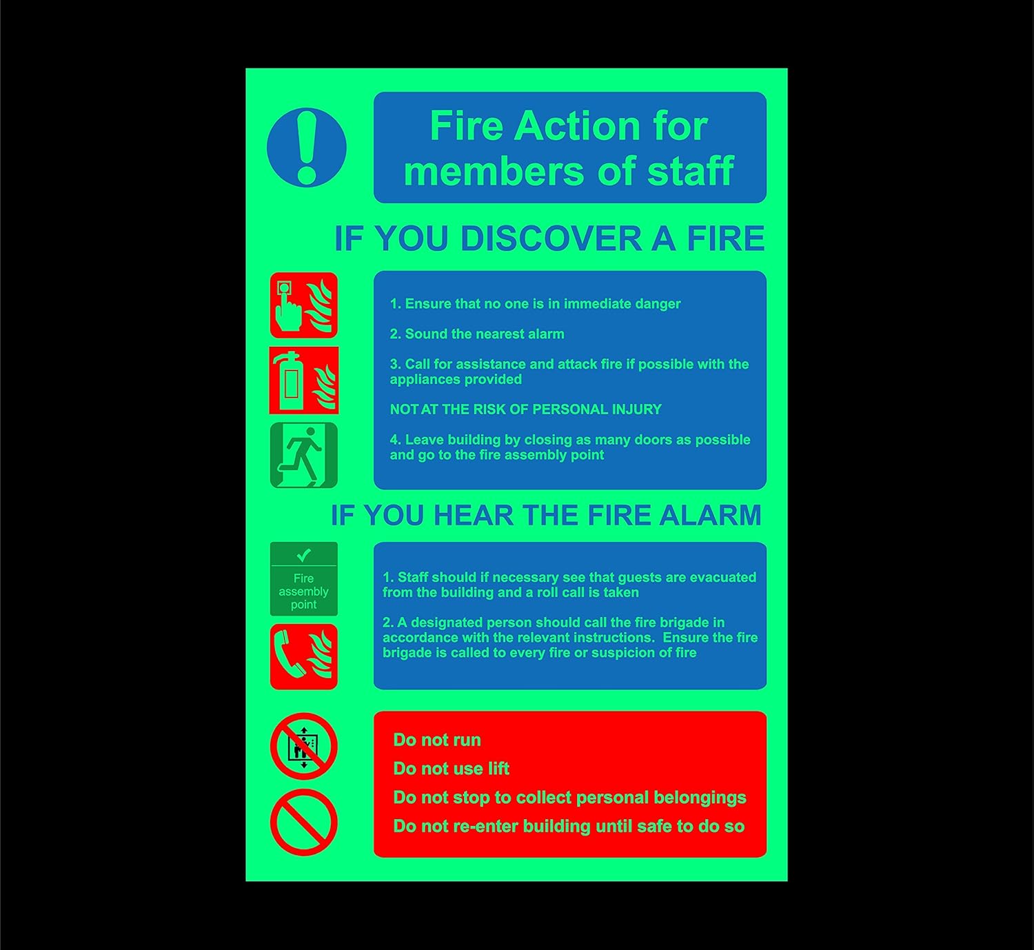 Fire action for members of staff safety sign - 300mm x 200mm 1.2mm ...