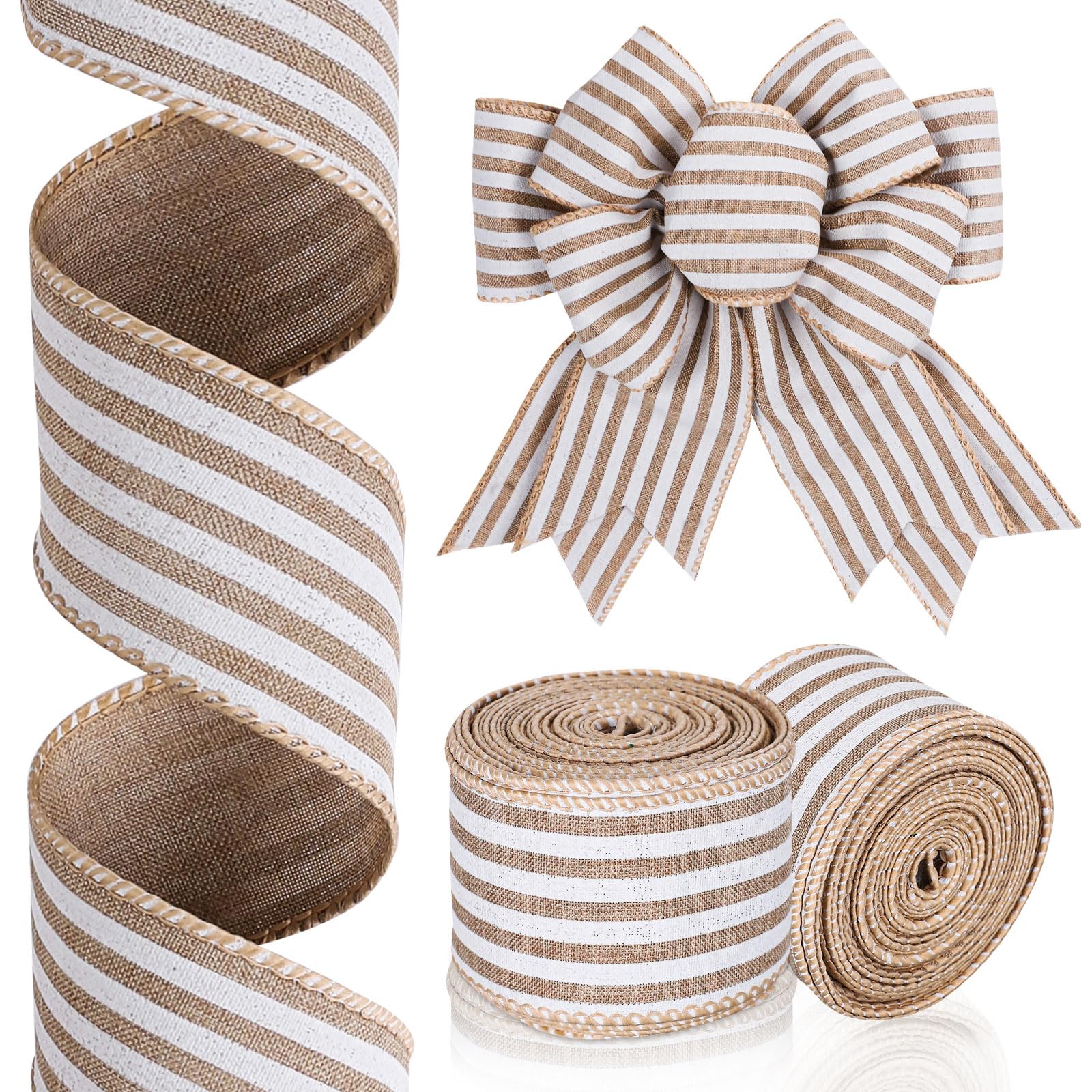 Amazon.com: Whaline 20 Yards Striped Wired Edge Ribbon White Natural ...