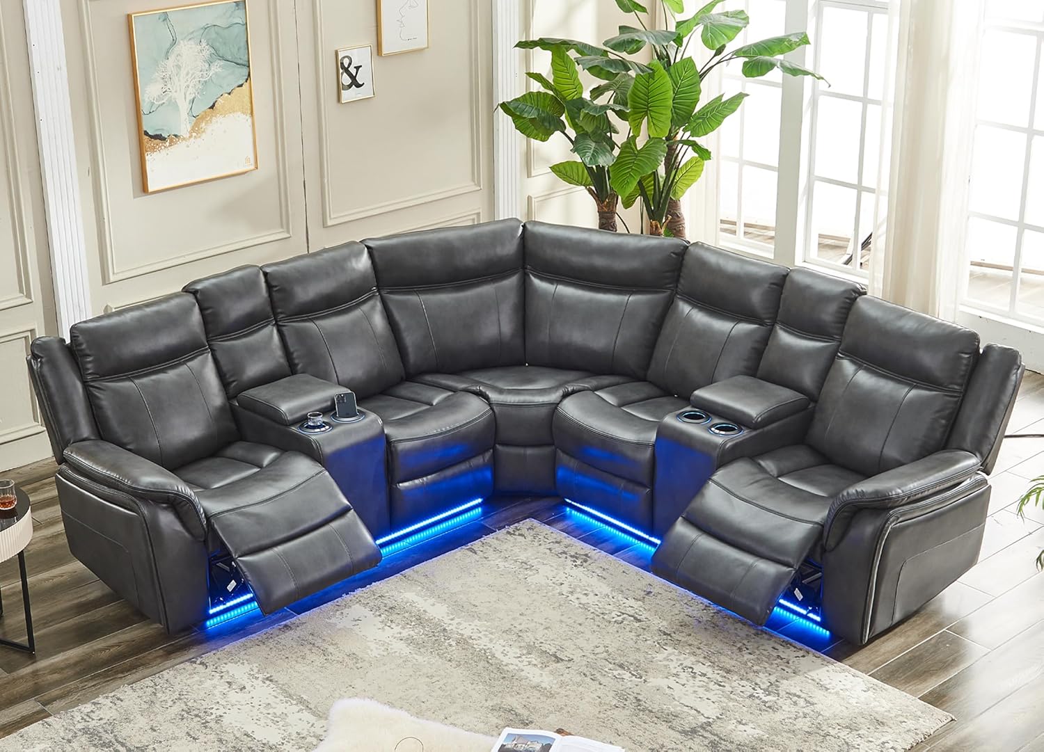 Amazon.com: Power Recliner Sectional Sofa Couches with LED Lights for Living Room, Faux Leather ...