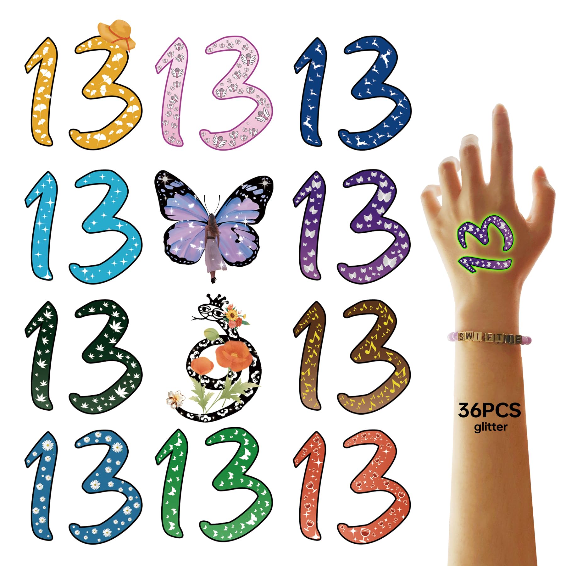 Amazon.com : 36 Pcs Glitter 13 Temporary Tattoo,Gift TSinger Merch 13 ...
