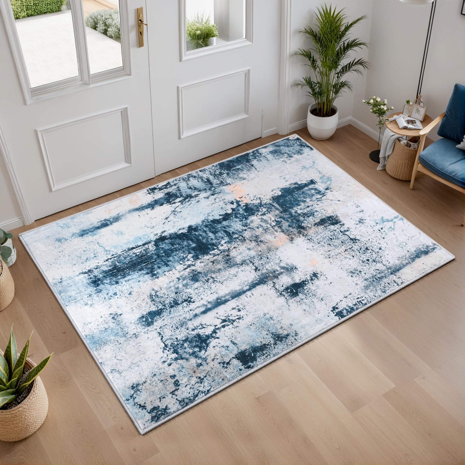 Amazon.com: Washable Abstract Small Area Rug, 2x3 Blue Door Mat Indoor ...