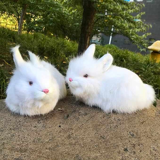 Amazon.com: Basuo-9Q Pack of 2 Realistic Furry White Rabbits Figurines ...