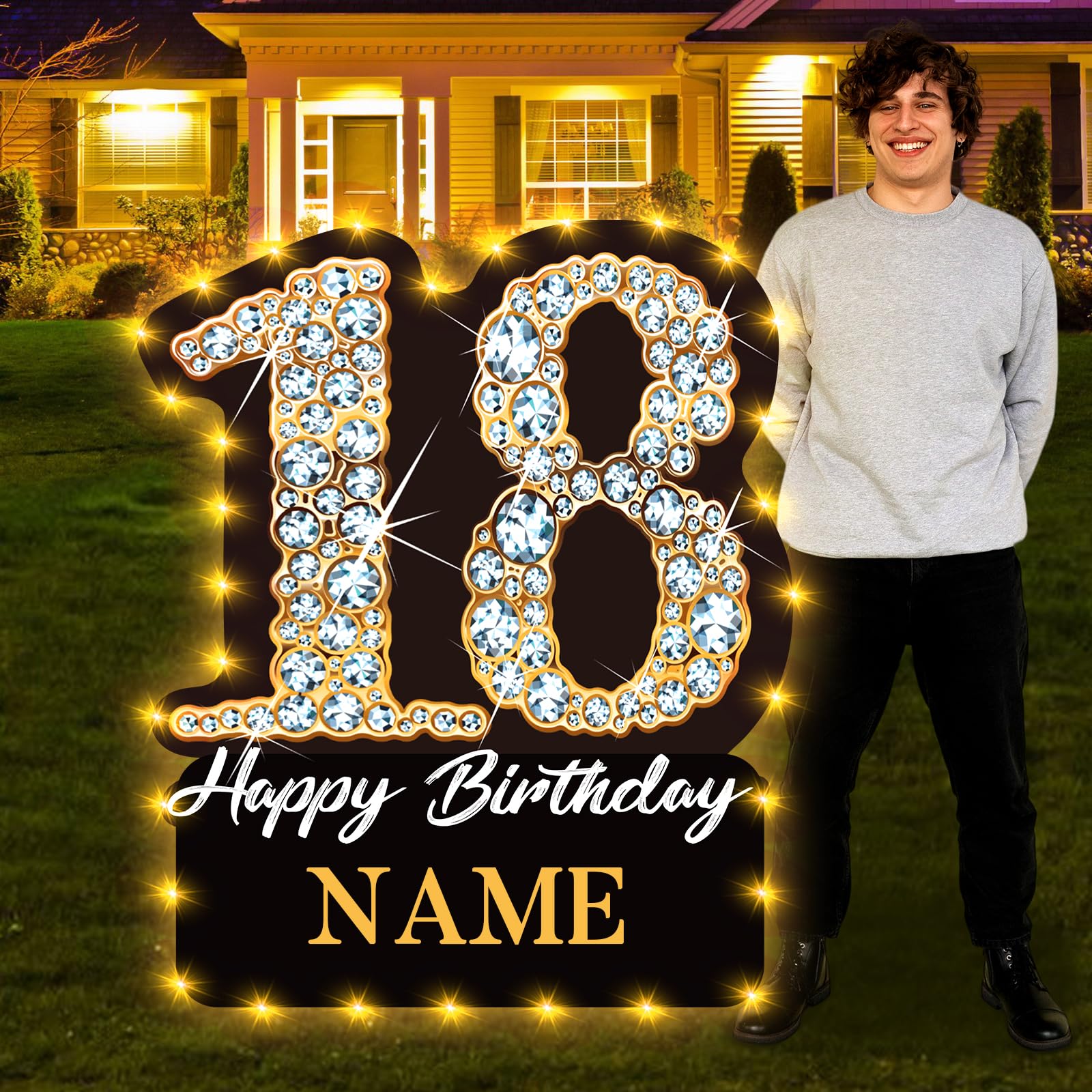 Amazon.com : 18th Birthday Yard Sign with LED 30 Inch Black Gold ...