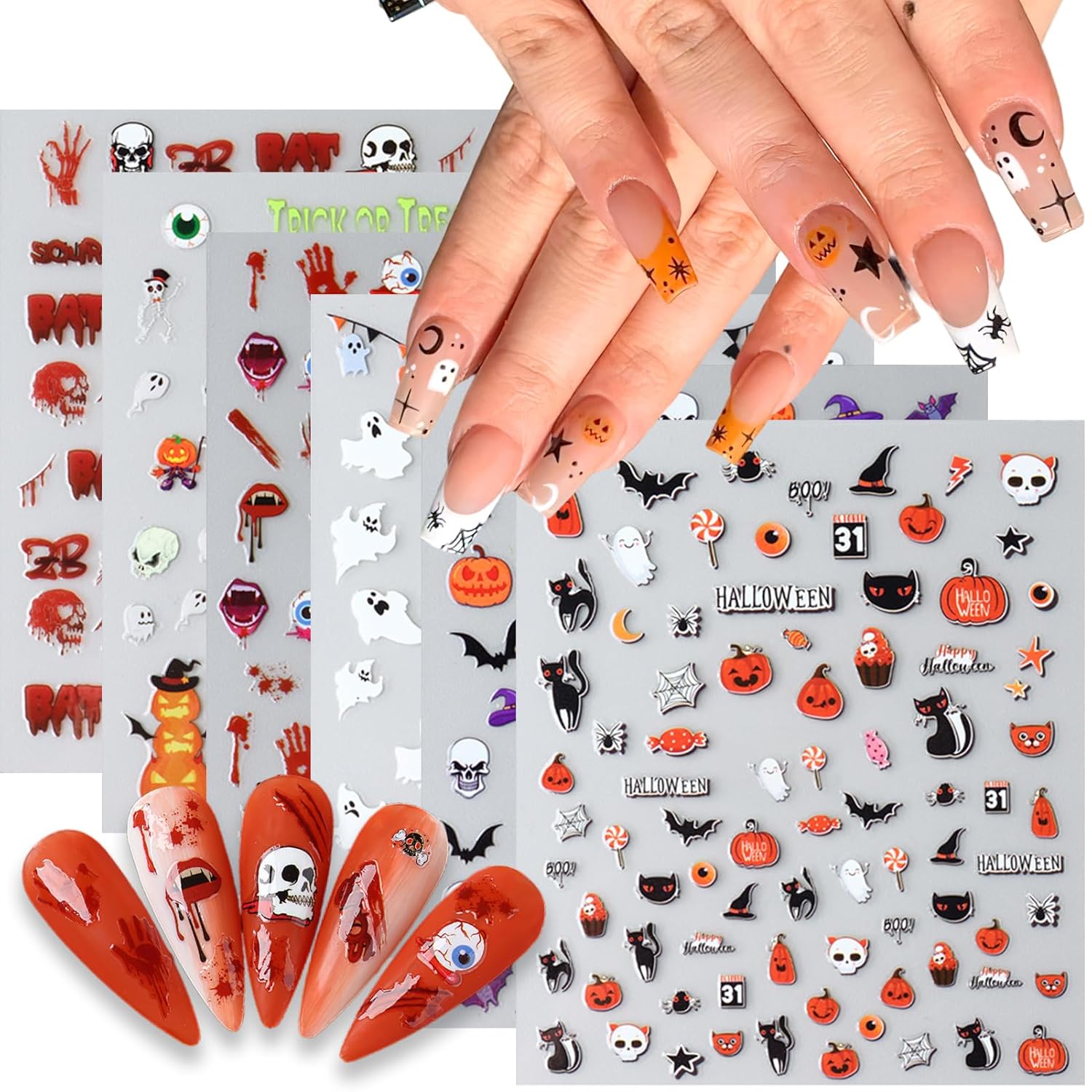 Amazon.com: Cute Halloween Nail Art Stickers Pumpkin Bat Skull Decals ...
