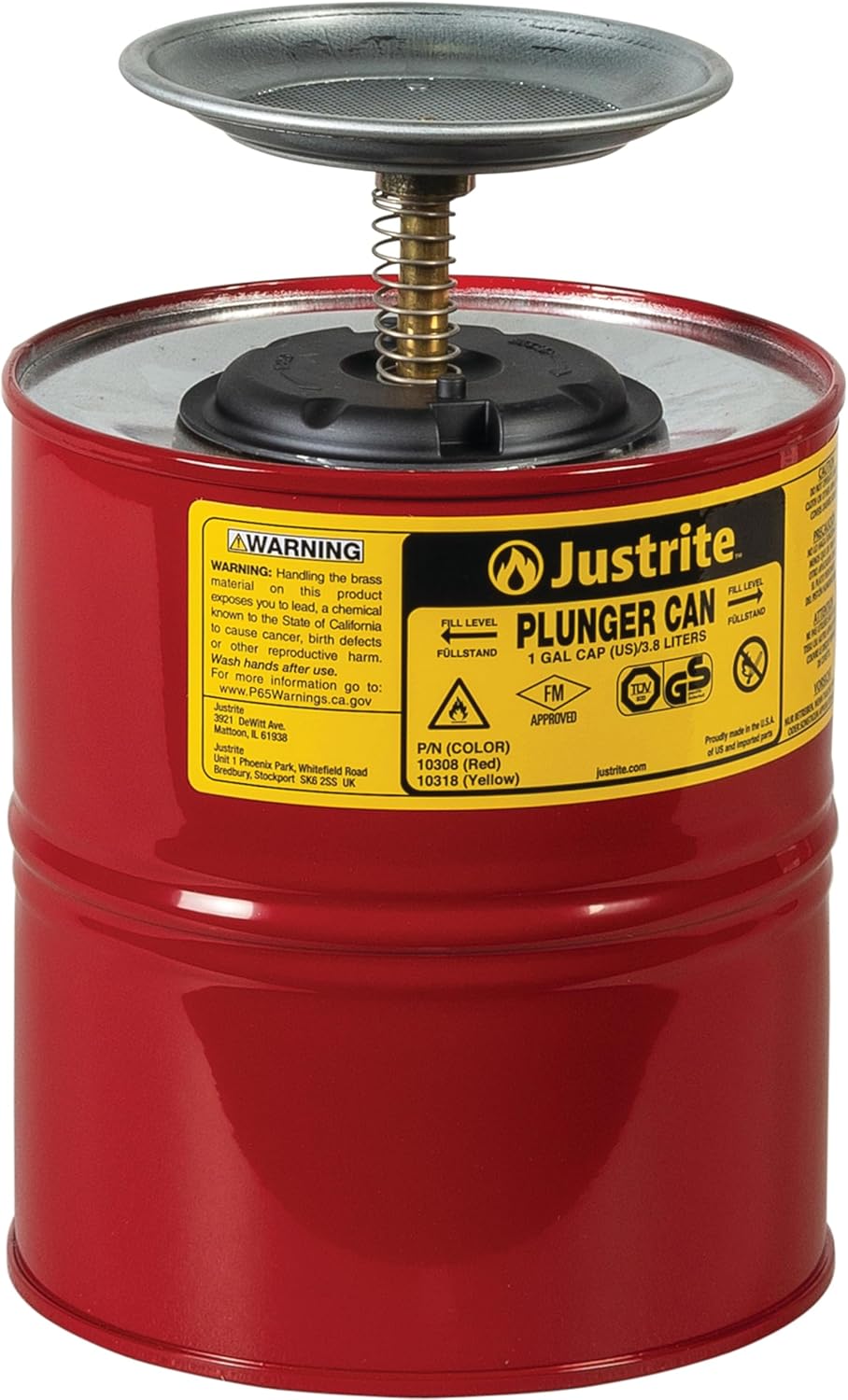 Justrite Plunger Can for Solvents, 1 Gallon Capacity, 10.5" x 7.25 ...