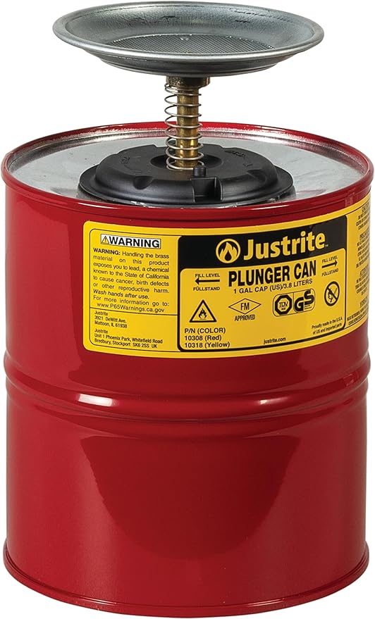 Justrite Plunger Can for Solvents, 1 Gallon Capacity, 10.5" x 7.25 ...