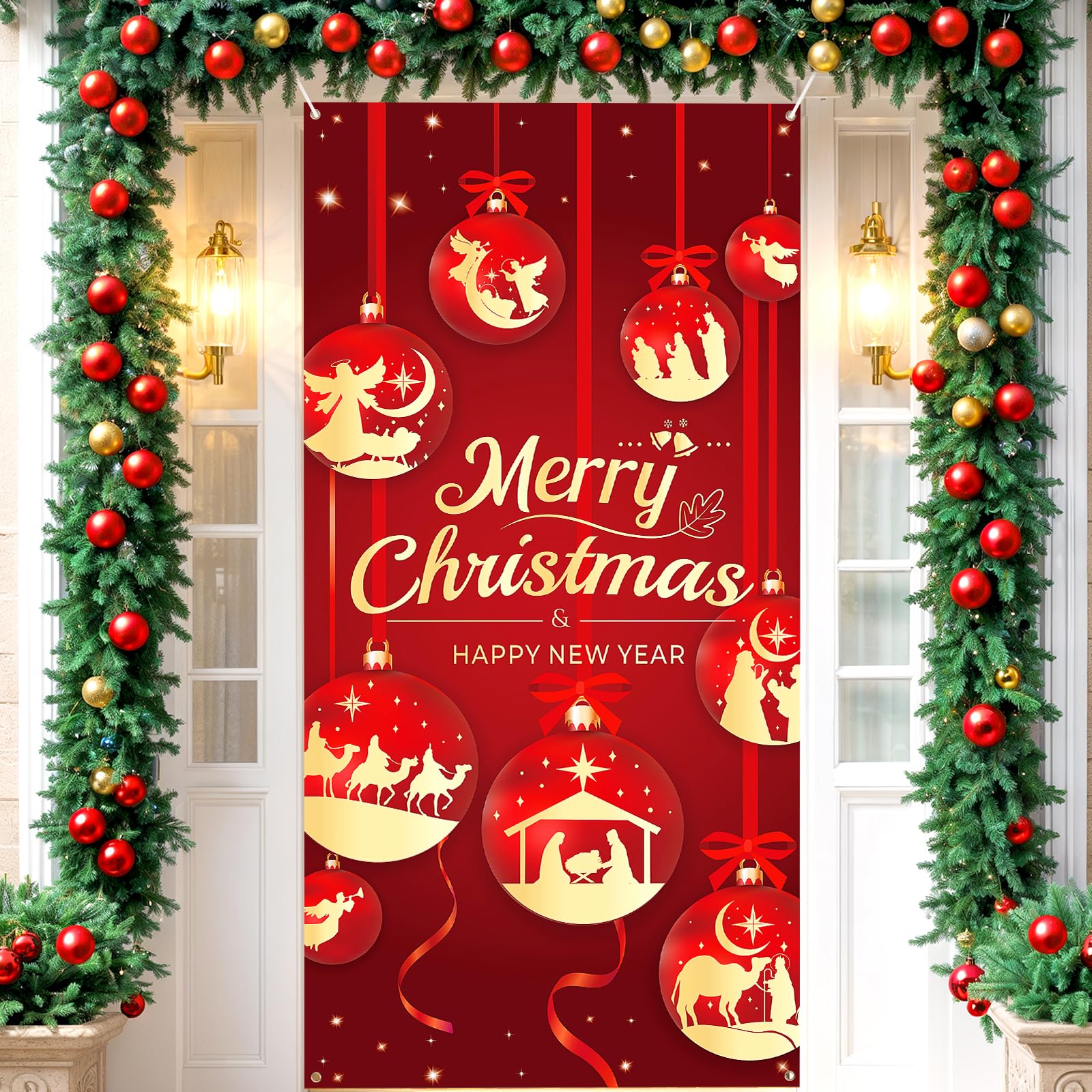 Amazon.com: Merry Christmas Nativity Door Cover Decorations, Red Gold ...