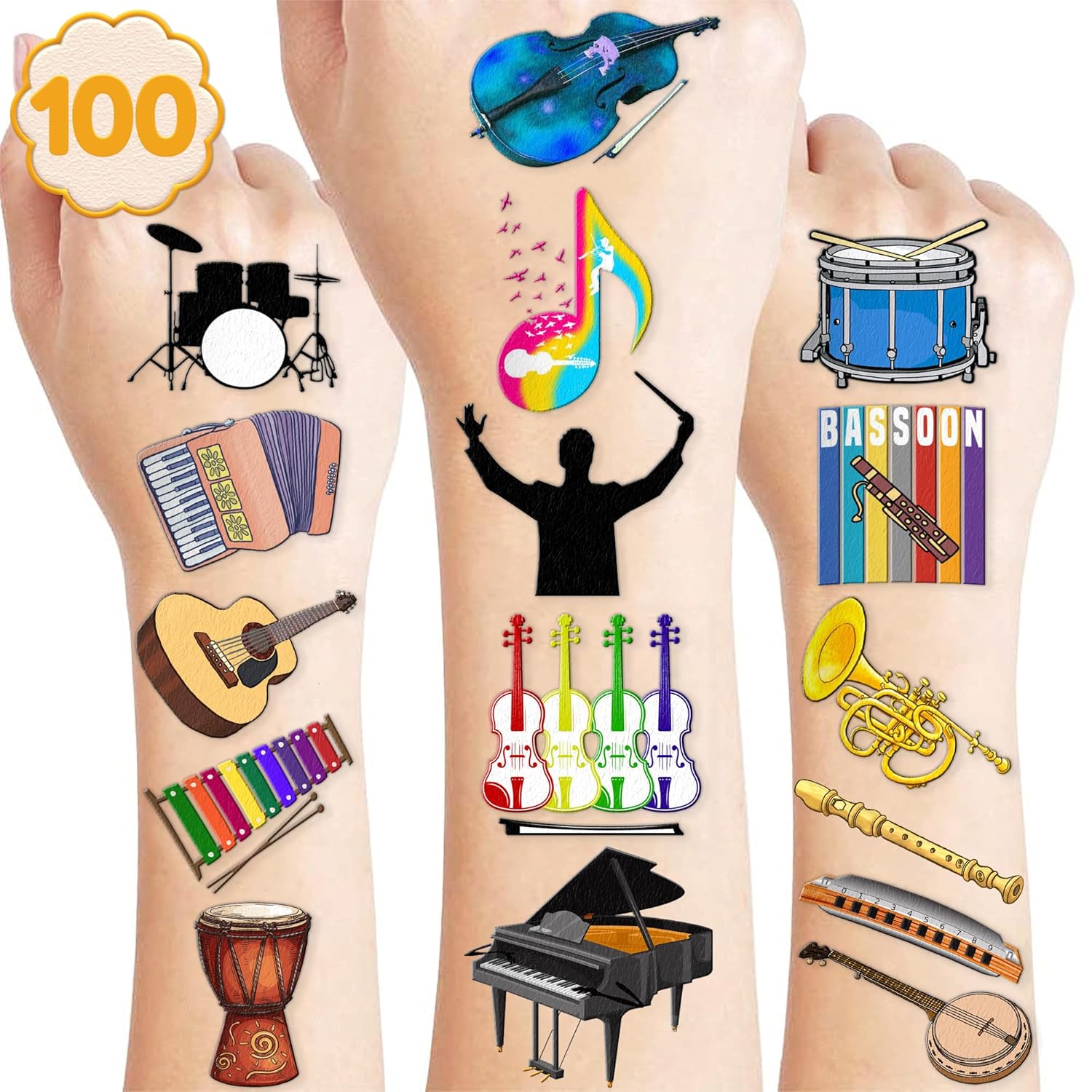 Amazon.com : 100 PCS Funny Musical Instrument Temporary Tattoos Theme ...
