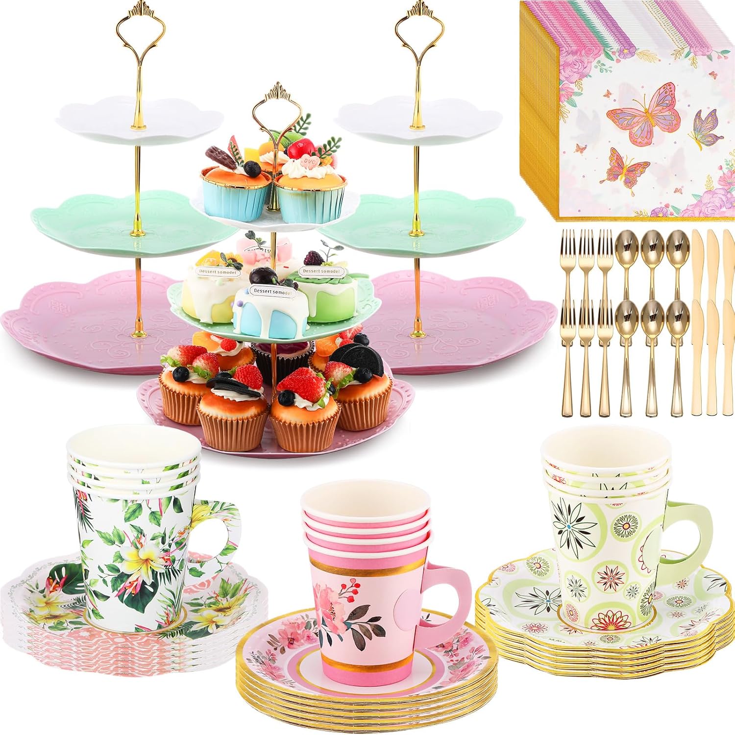 Amazon.com | Layhit 83 Pcs Floral Tea Party Set Include 12 Sets 9 oz ...