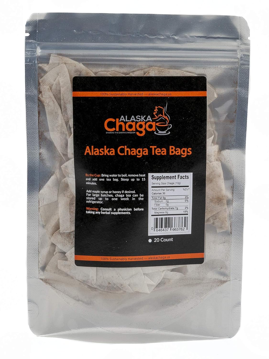 Chá Orgânico Wild Harvested Alaska Chaga - 30 Sacos de Chá Sem