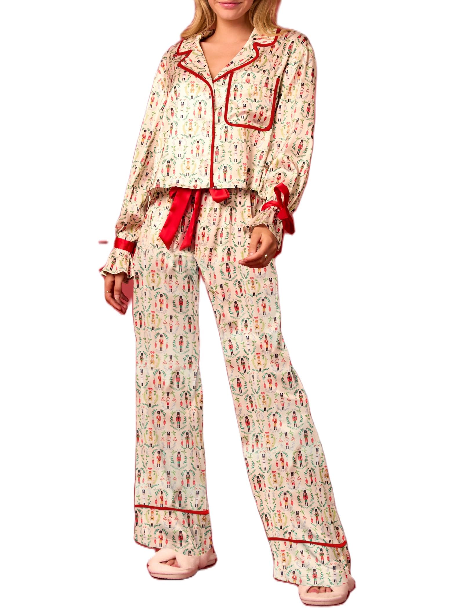 Argeousgor Christmas Pajamas for Women Bow Tie Long Sleeve Shirt Pants ...