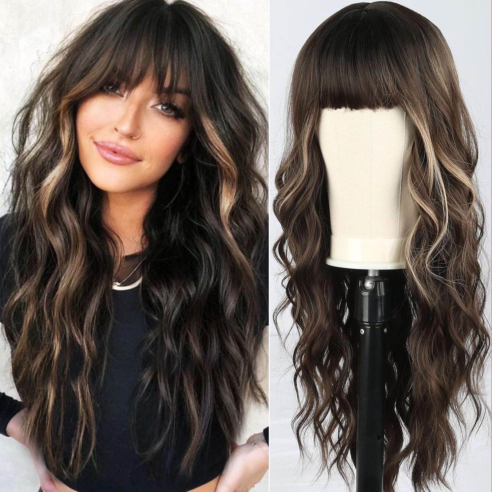 Amazon.com : KOME Dark Brown Wigs with Bangs,Brown Highlight Long Wavy ...